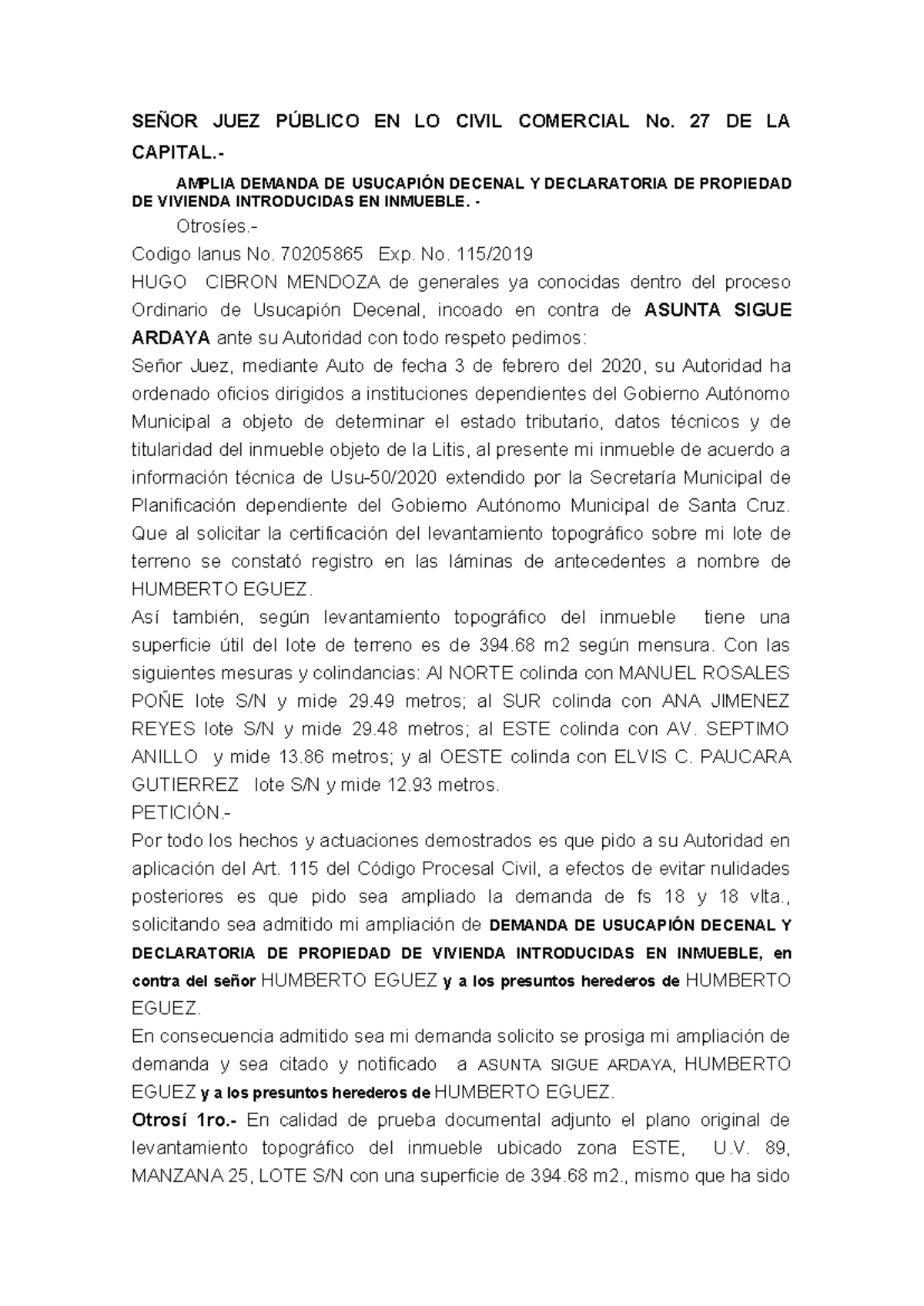 Amplia Demanda de Usucapión Decenal - Exp. HUGO CIBRON MENDOZA - Studocu