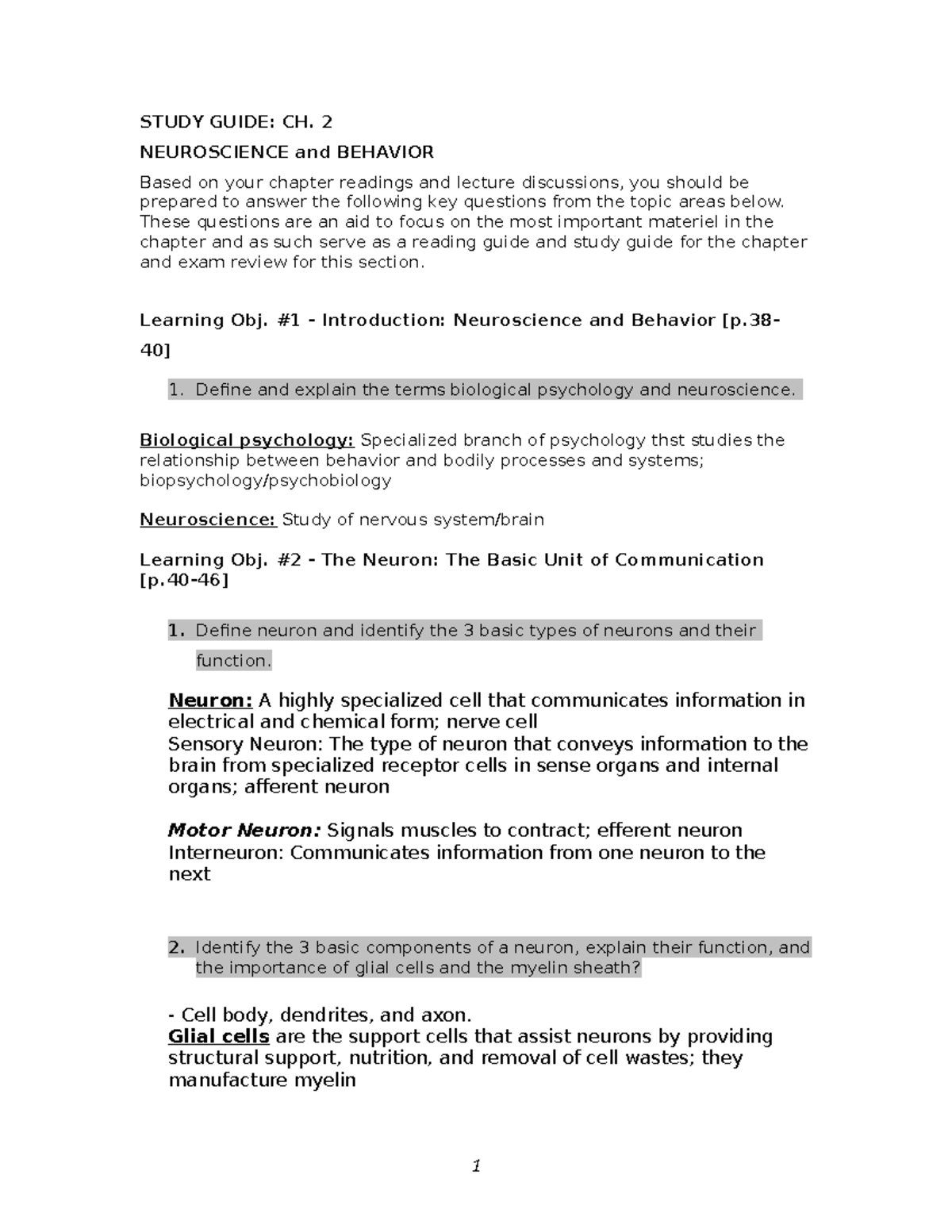 STUDY GUIDE: CH. 2 NEUROSCIENCE and BEHAVIOR - STUDY GUIDE: CH. 2 ...