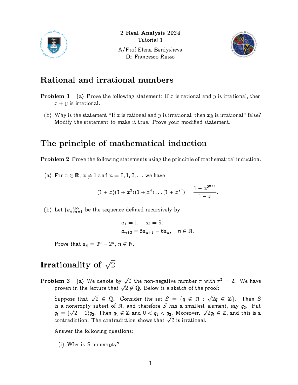 Real analysis tut1 - 2 Real Analysis 2024 Tutorial 1 A/Prof Elena ...