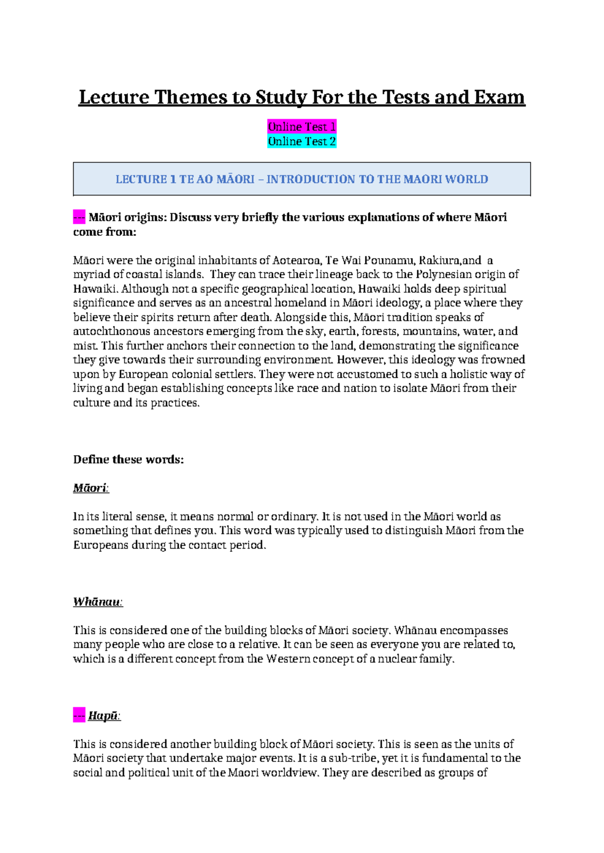 Lecture Themes for Tests and Exam: Māori World Insights - Studocu