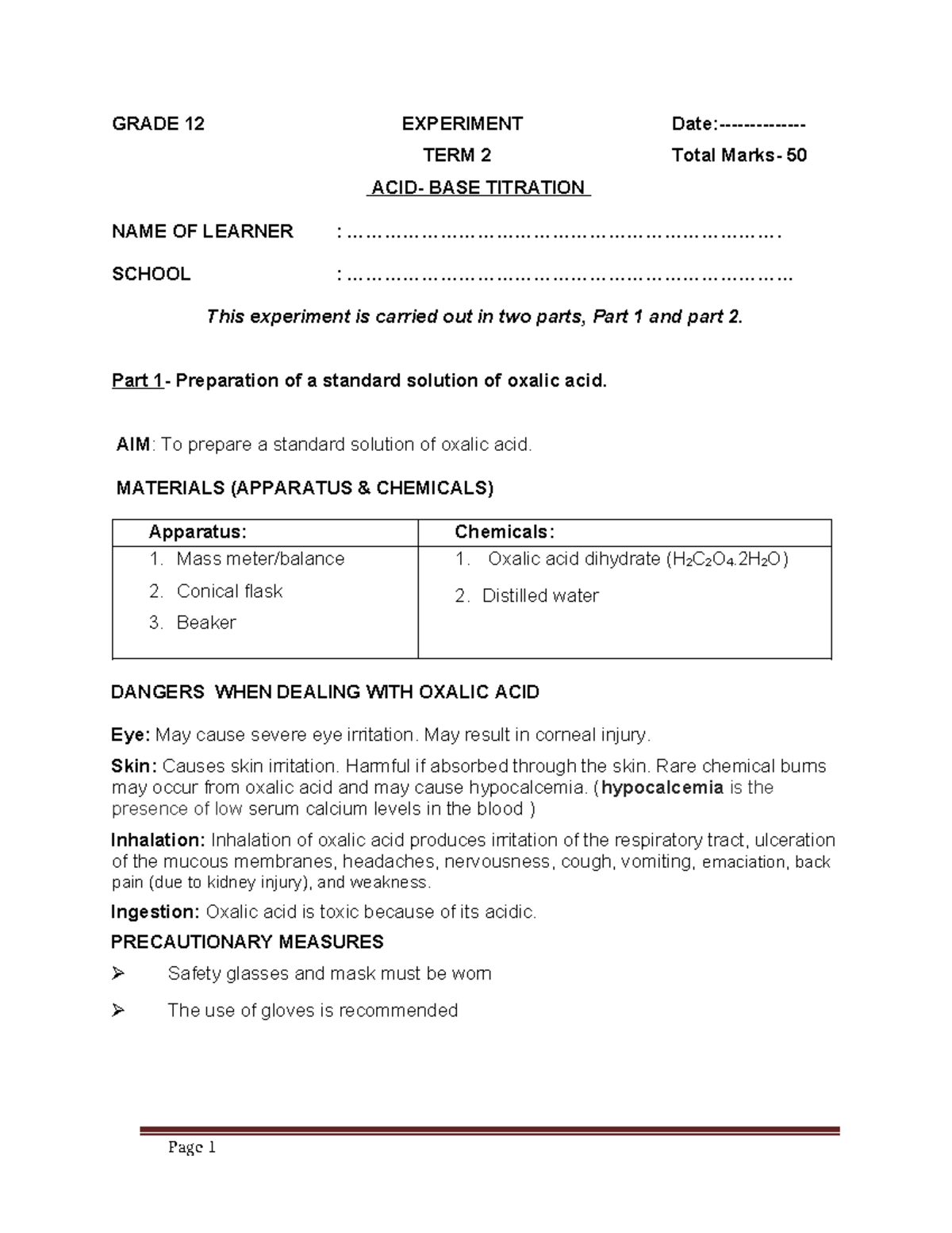 GRADE 12 EXPERIMENT TERM 2: Oxalic Acid Titration Procedure and ...