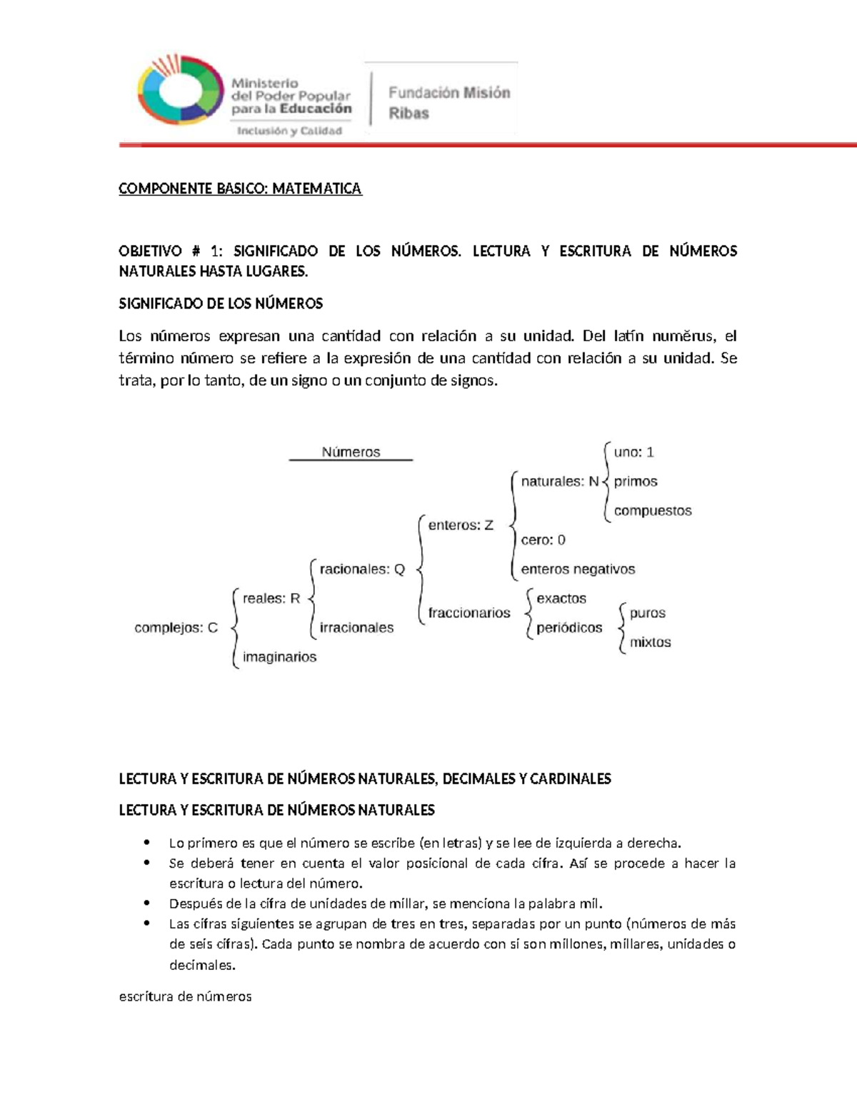 COMPONENTE BÁSICO: MATEMÁTICA - LECTURA Y ESCRITURA DE NÚMEROS - Studocu