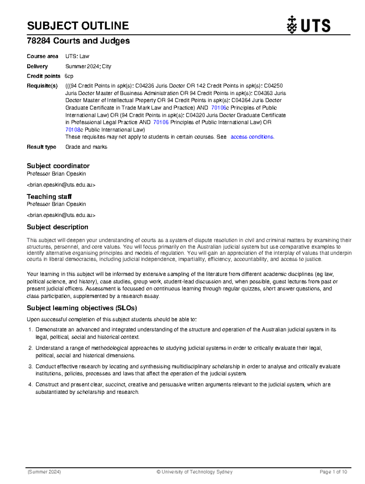 Subject Outline Courts and Judges - 78284 Courts and Judges Course area ...