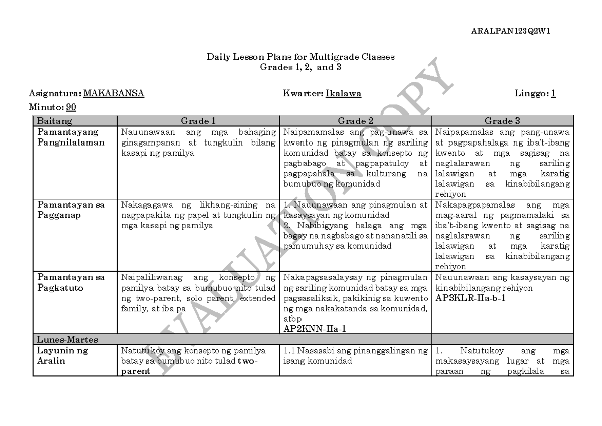 Aralpan 123Q2W1LP&LR - Multigrade Lesson Plans for Grades 1-3 - Studocu