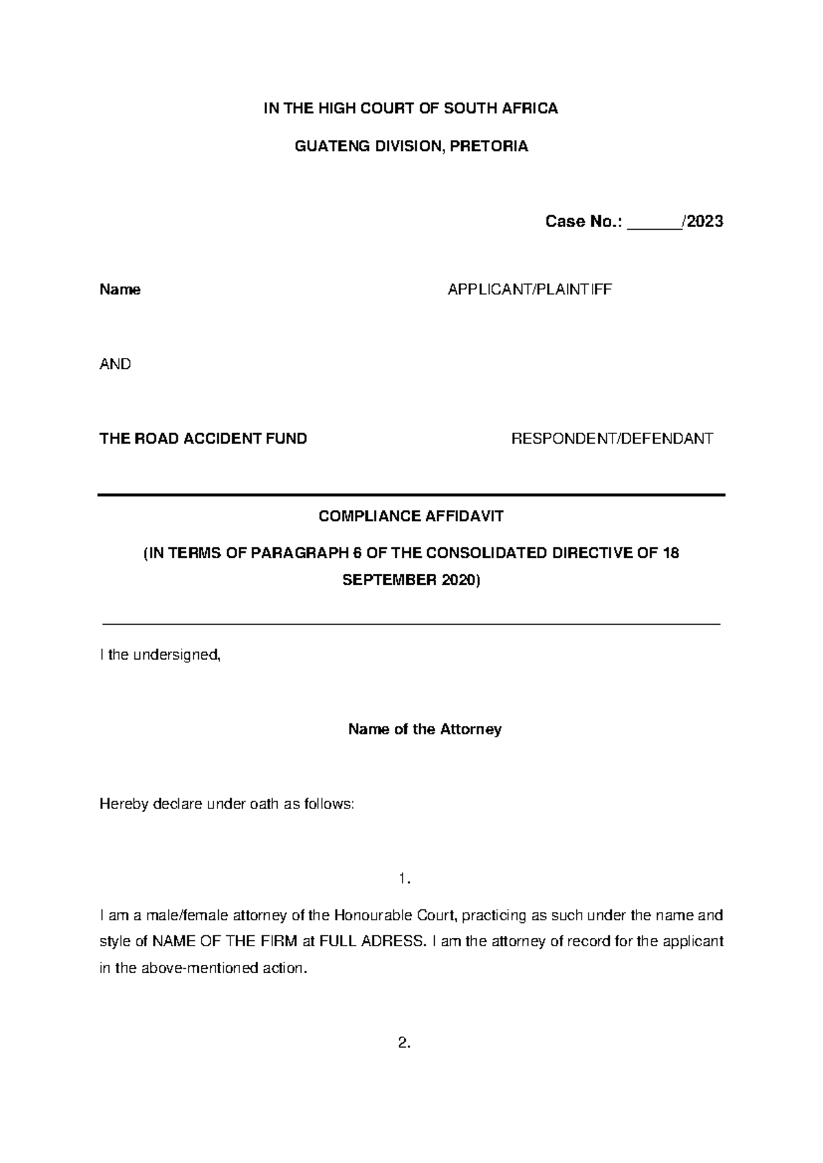 Compliance Affidavit Example - High Court of South Africa Case No ...