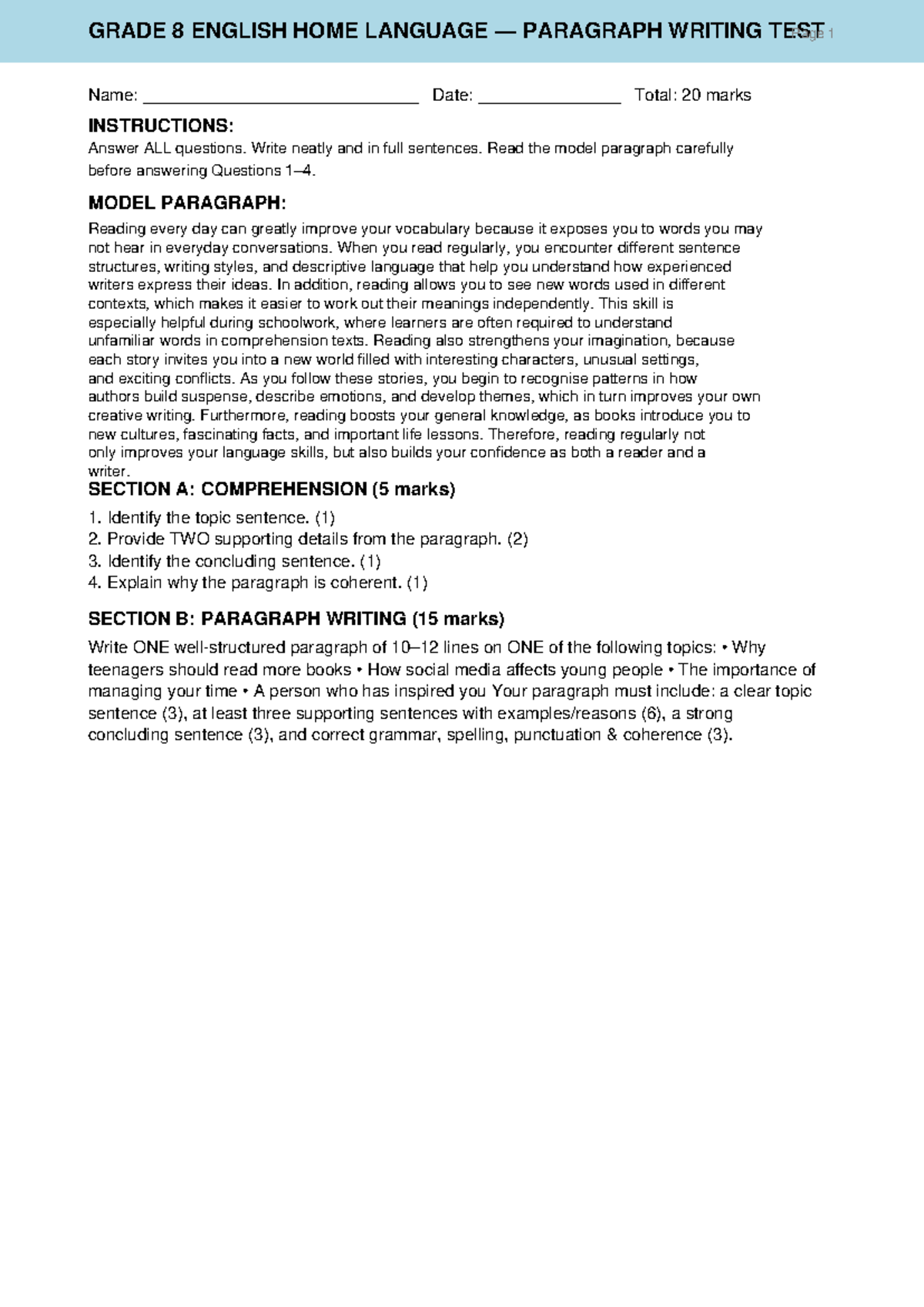 Grade 8 English Home Language Paragraph Writing Test - Studocu