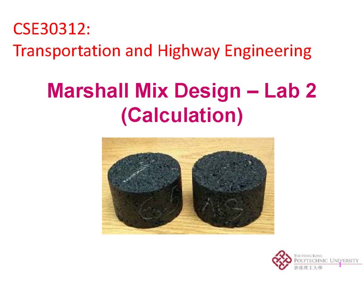 CSE30312: Lab 2 - Marshall Mix Design Calculations and Procedures - Studocu