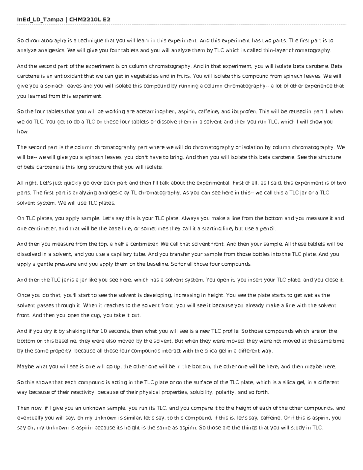 InEd_LD_Tampa CHM2210L E2: TLC & Column Chromatography Techniques - Studocu