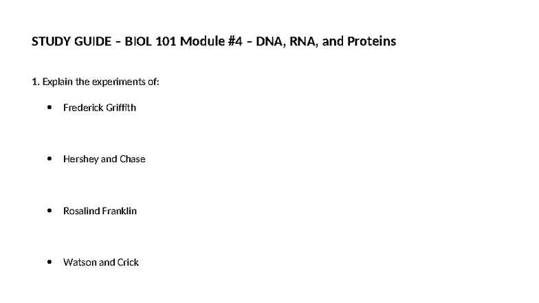 BIOL 101 Study Guide: Module 4 - DNA, RNA, and Protein Synthesis - Studocu