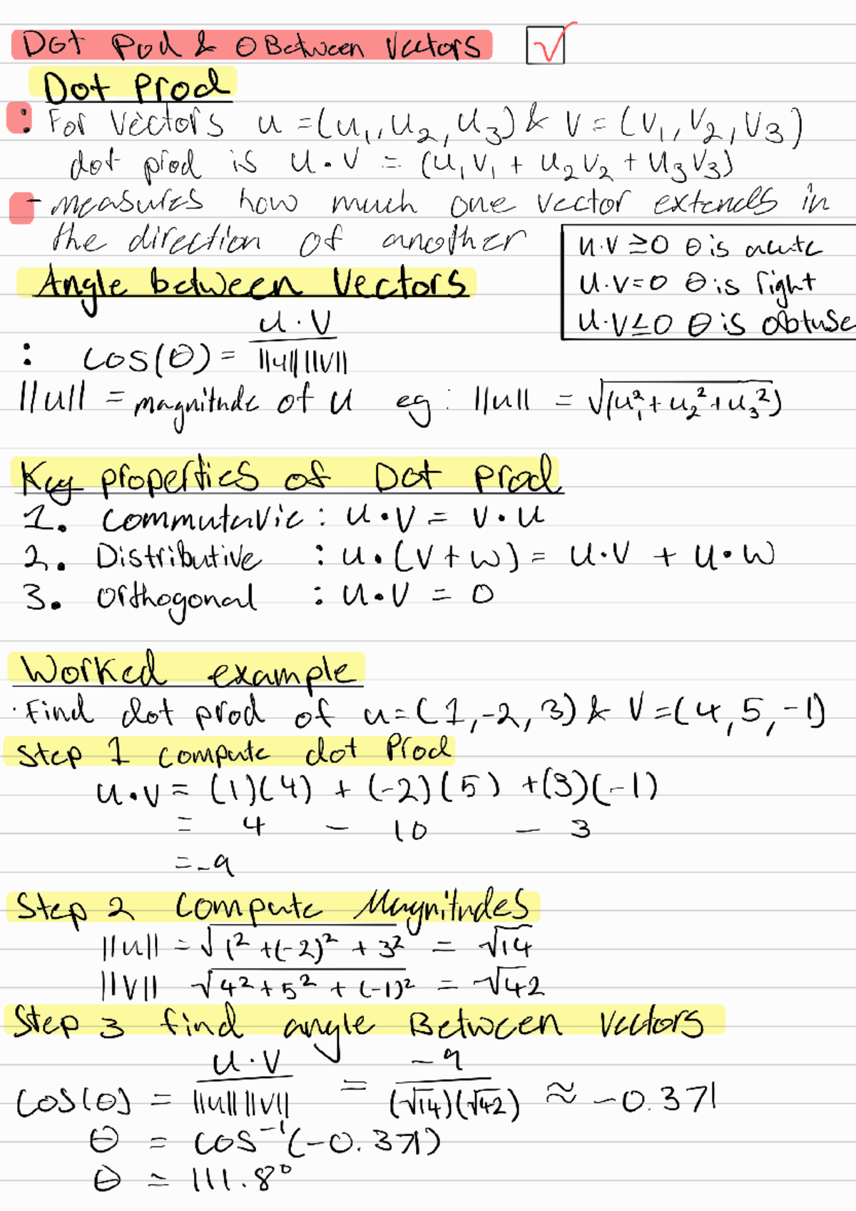 Dot Product Notes for DGt Pud OBetween Vectors (U.V) - Studocu