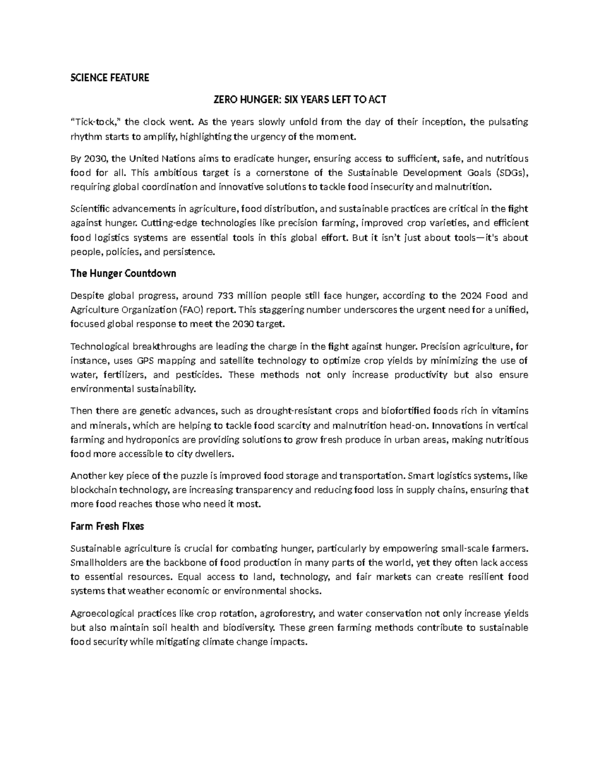 SCI 101: Zero Hunger Initiative - Urgency and Solutions for 2030 - Studocu