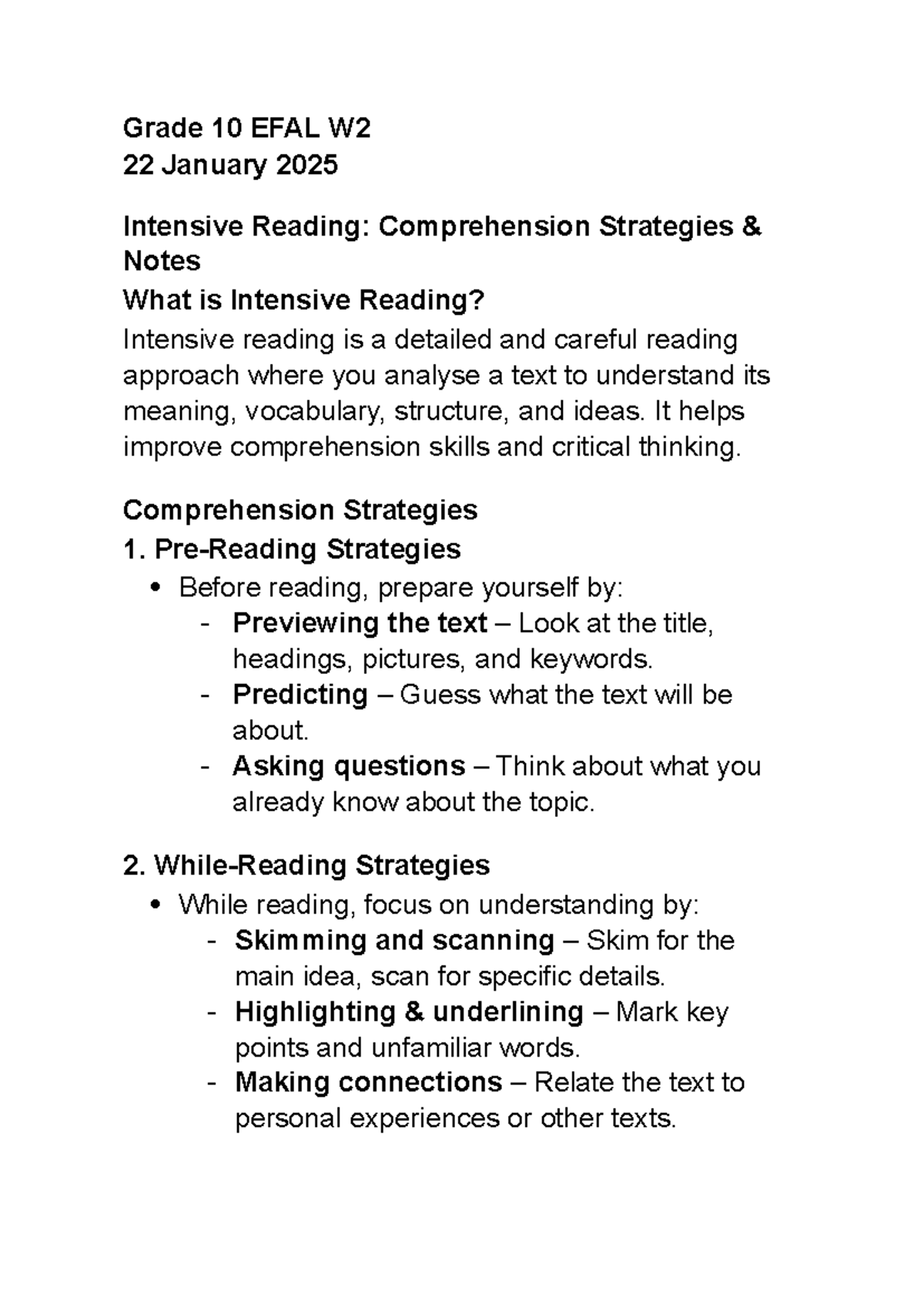 Gr 10 EFAL - Intensive Reading: Comprehension Strategies & Notes - Studocu
