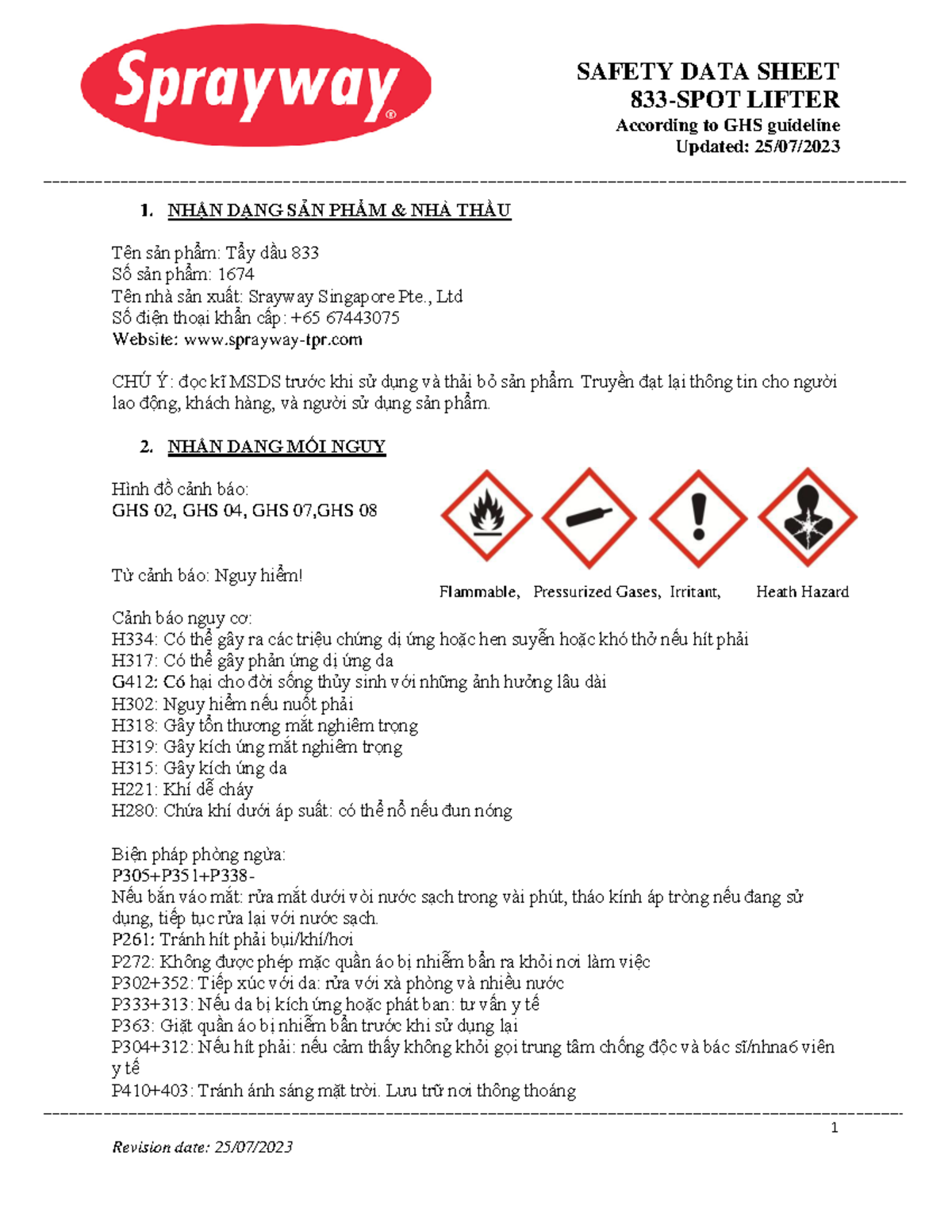 MSDS for Lifter 833: Safety Data Sheet According to GHS Guidelines ...