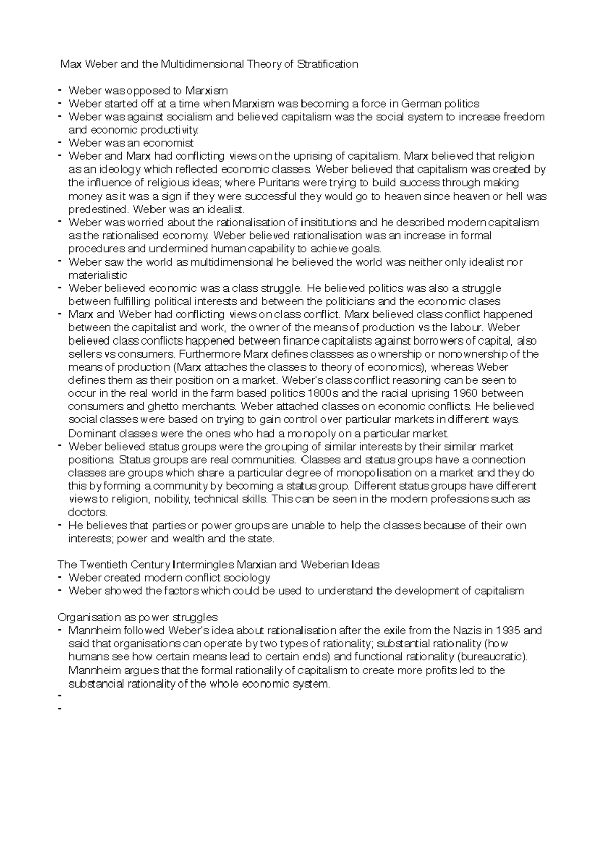 Max Weber and the Multidimensional Theory of Stratification - Weber was ...