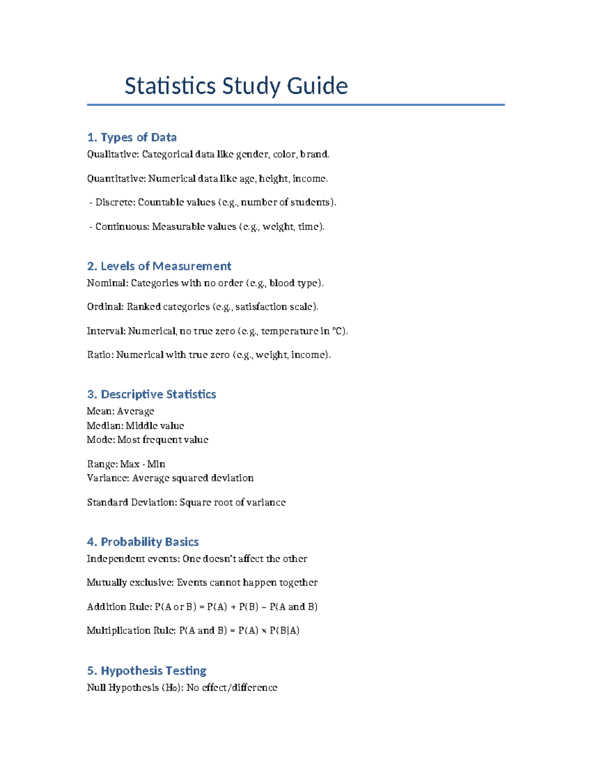 Statistics Study Guide: Types, Measurement, and Key Concepts - Studocu