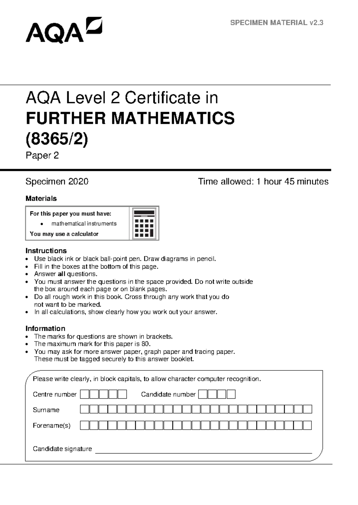 AQA 83652 Level 2 Further Mathematics Paper 2 Specimen 2020 - Studocu