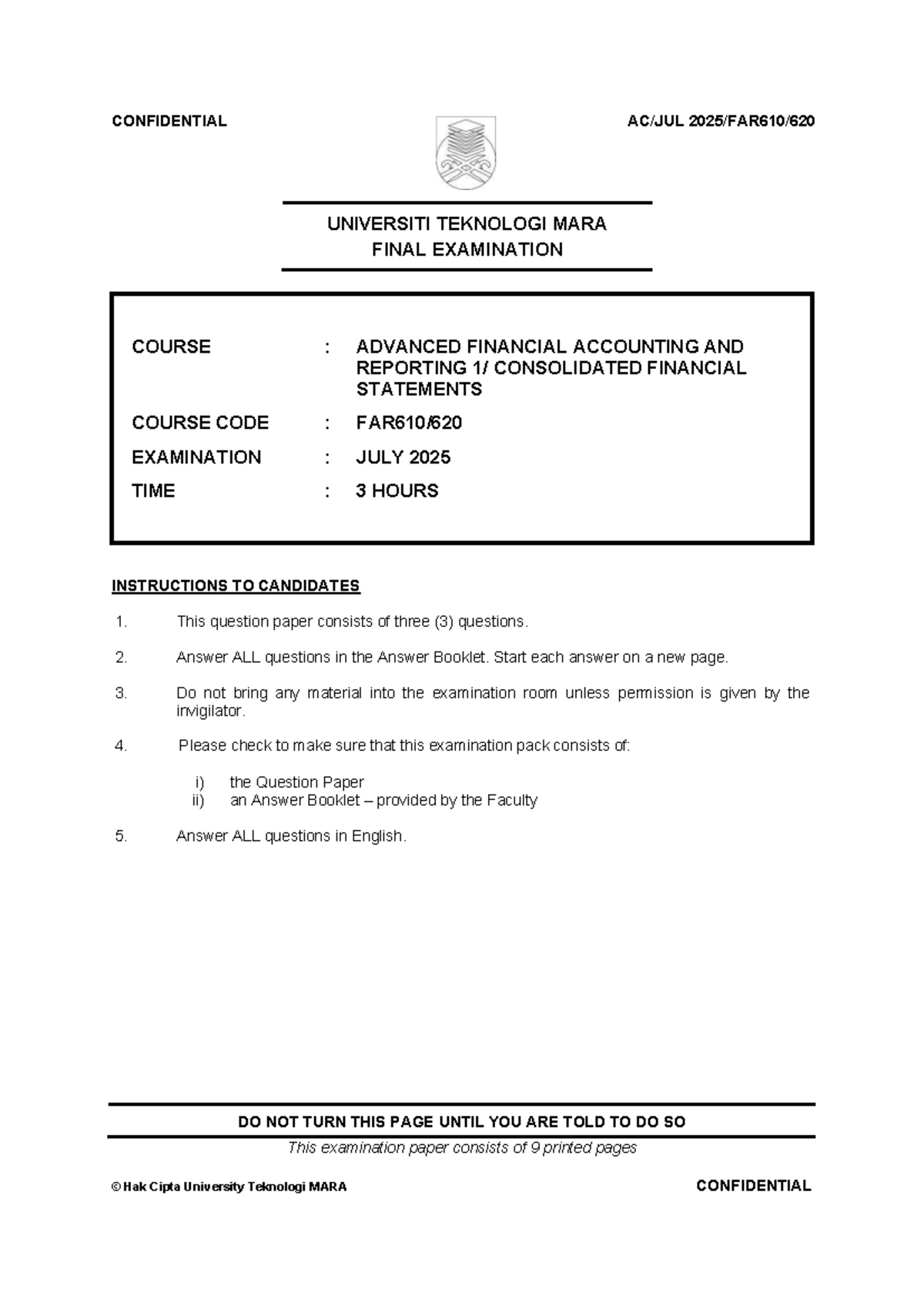 FAR620 JULY 2025 - FINAL EXAMINATION: ADVANCED FINANCIAL ACCOUNTING ...