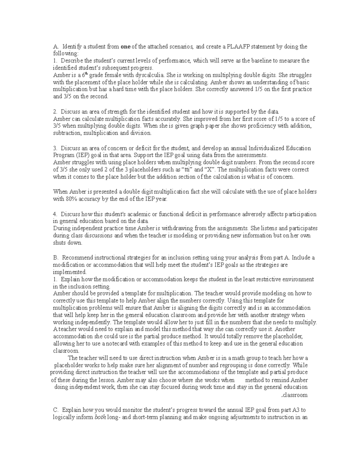 D003-Task1-4: PLAAFP Statement & IEP Goal for Amber's Math Performance ...