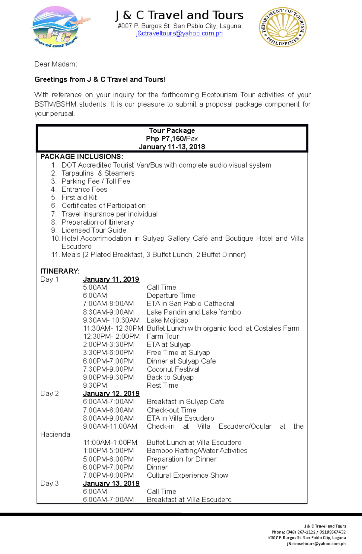 TOUR- Package-1 - sample of simple itinerary of a tour - J & C Travel ...