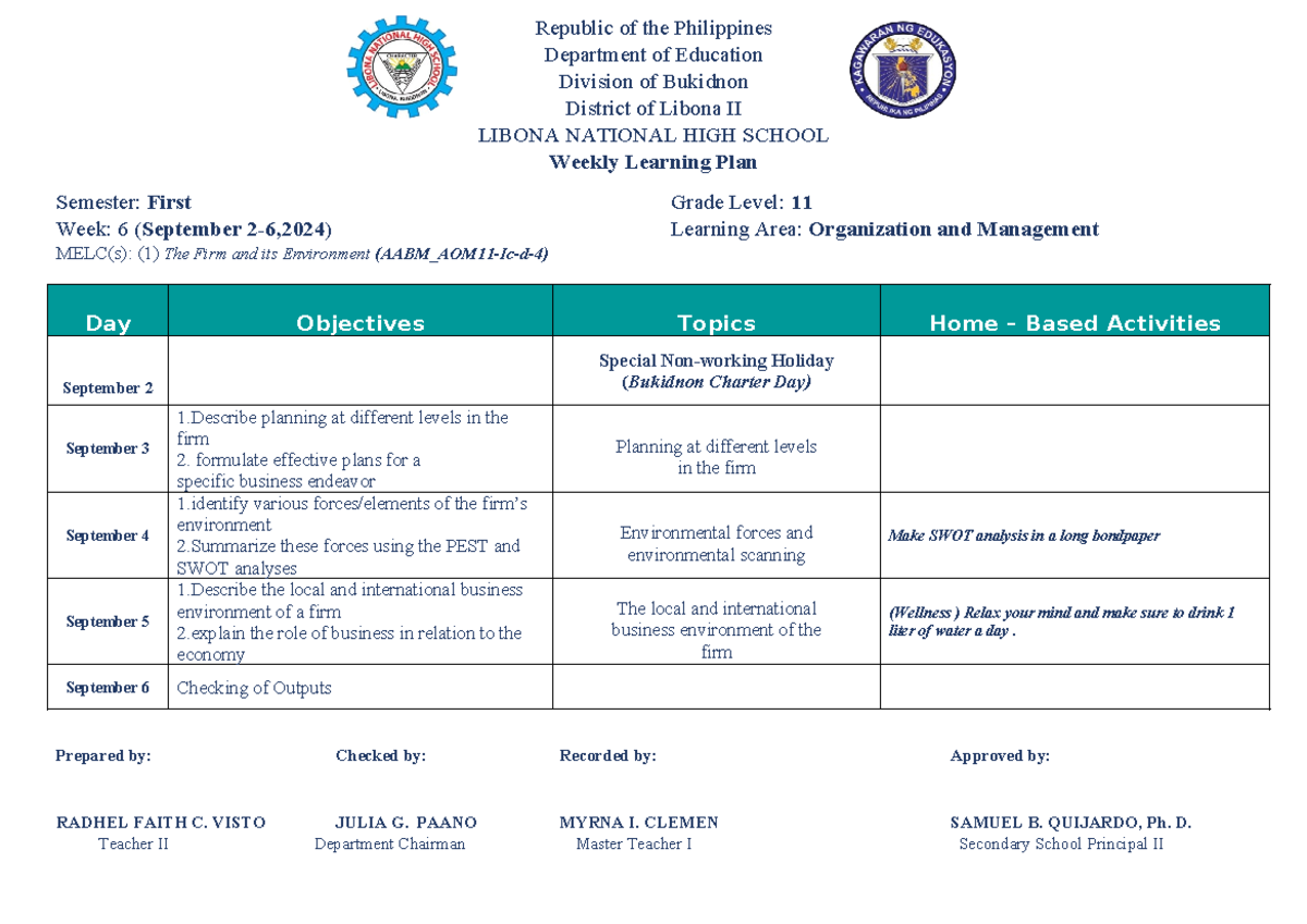 Weekly Learning Plan for ABM AOM 11 - Weeks 6 to 10 Details - Studocu