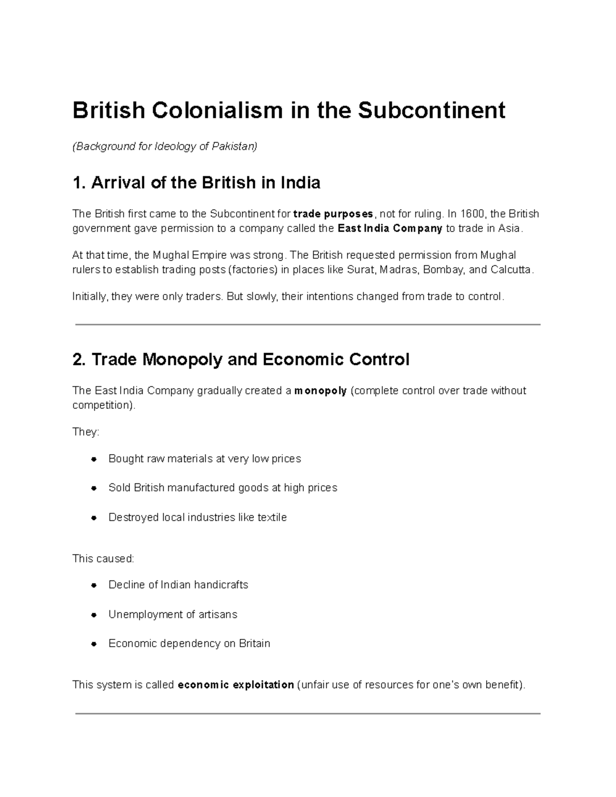 British Colonialism in the Subcontinent: Key Events and Impacts - Studocu