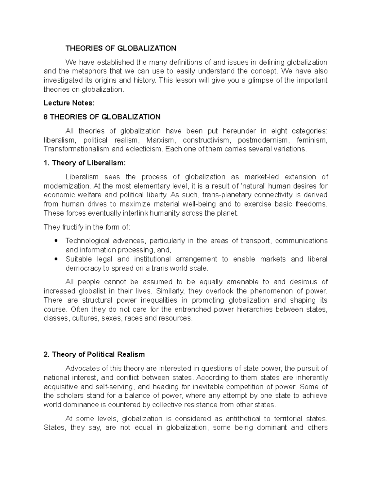 Lecture Notes on Theories of Globalization: 8 Key Perspectives - Studocu