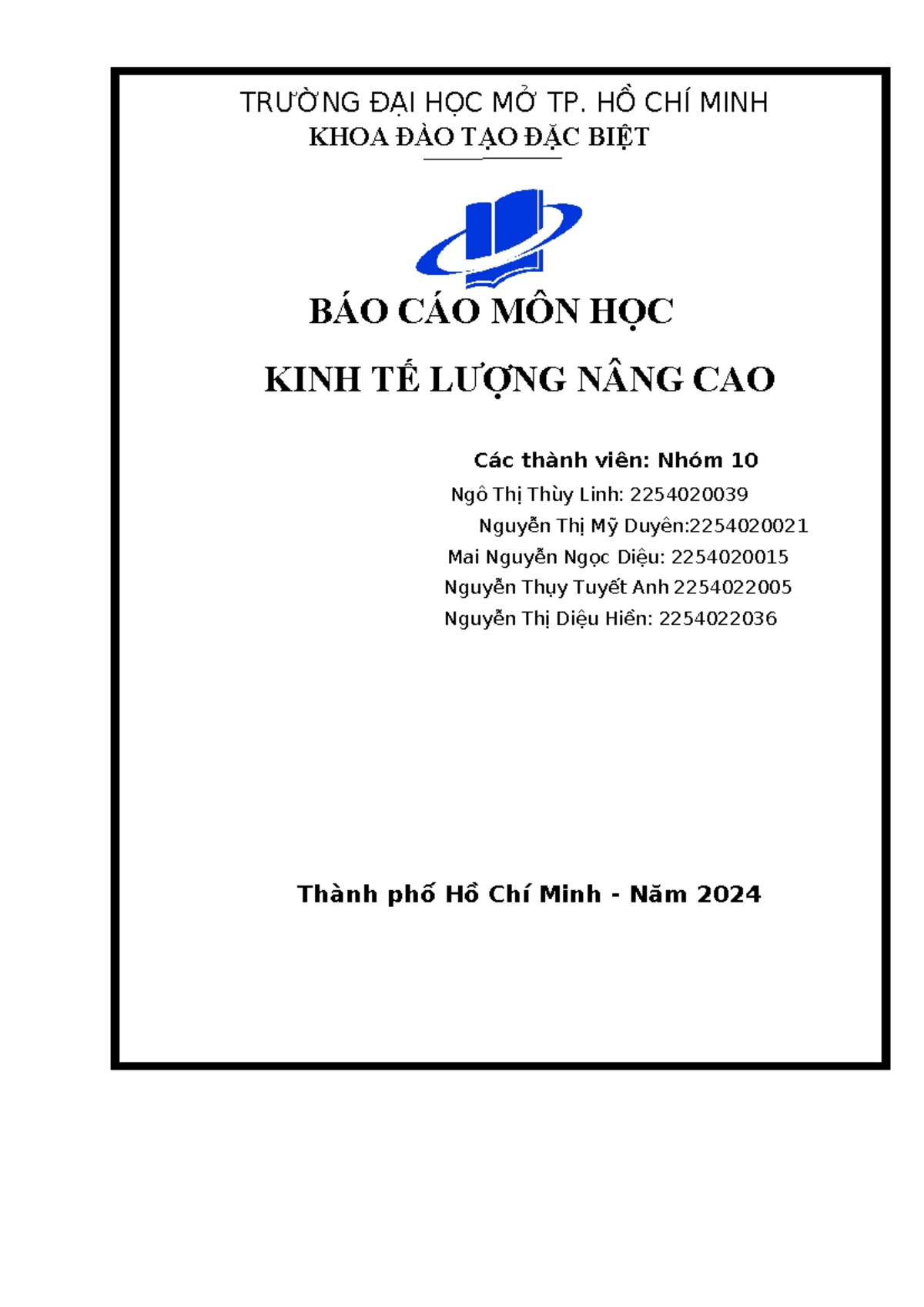 Bailam 1 - kinh tế lượng nâng cao - TRƯỜNG ĐẠI HỌC MỞ TP. HỒ CHÍ MINH ...