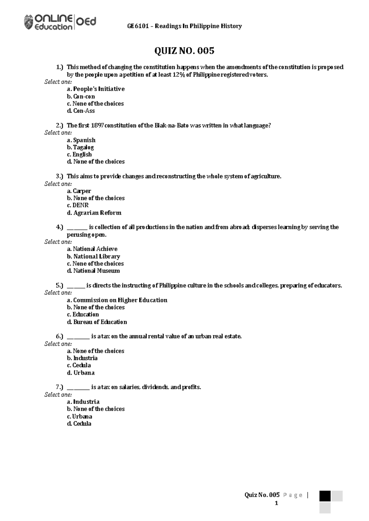 Quiz No. 5 for GE6101: Readings in Philippine History - Studocu