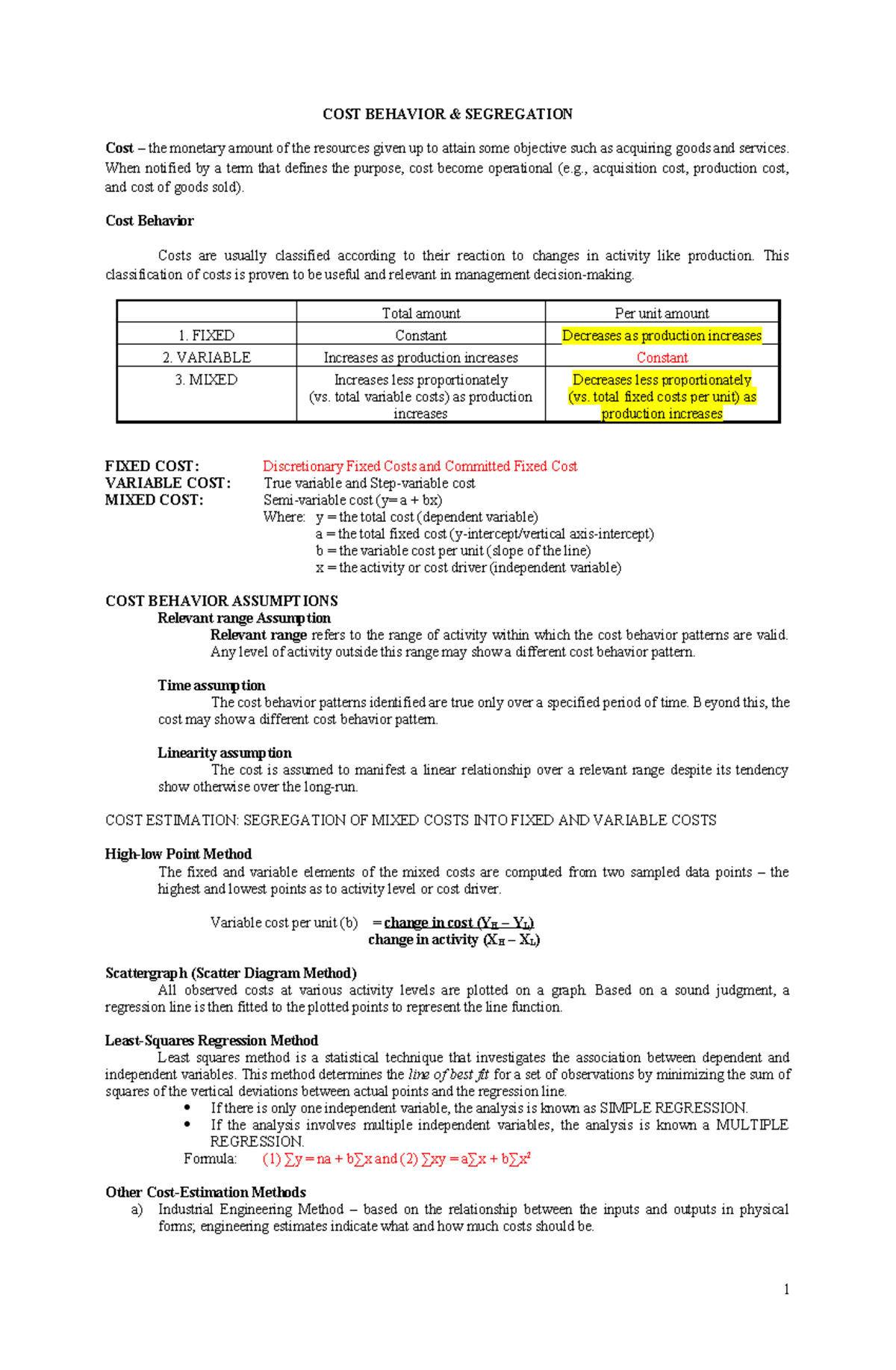 COST BEHAVIOR SEGREGATION: Understanding Fixed, Variable, and Mixed ...