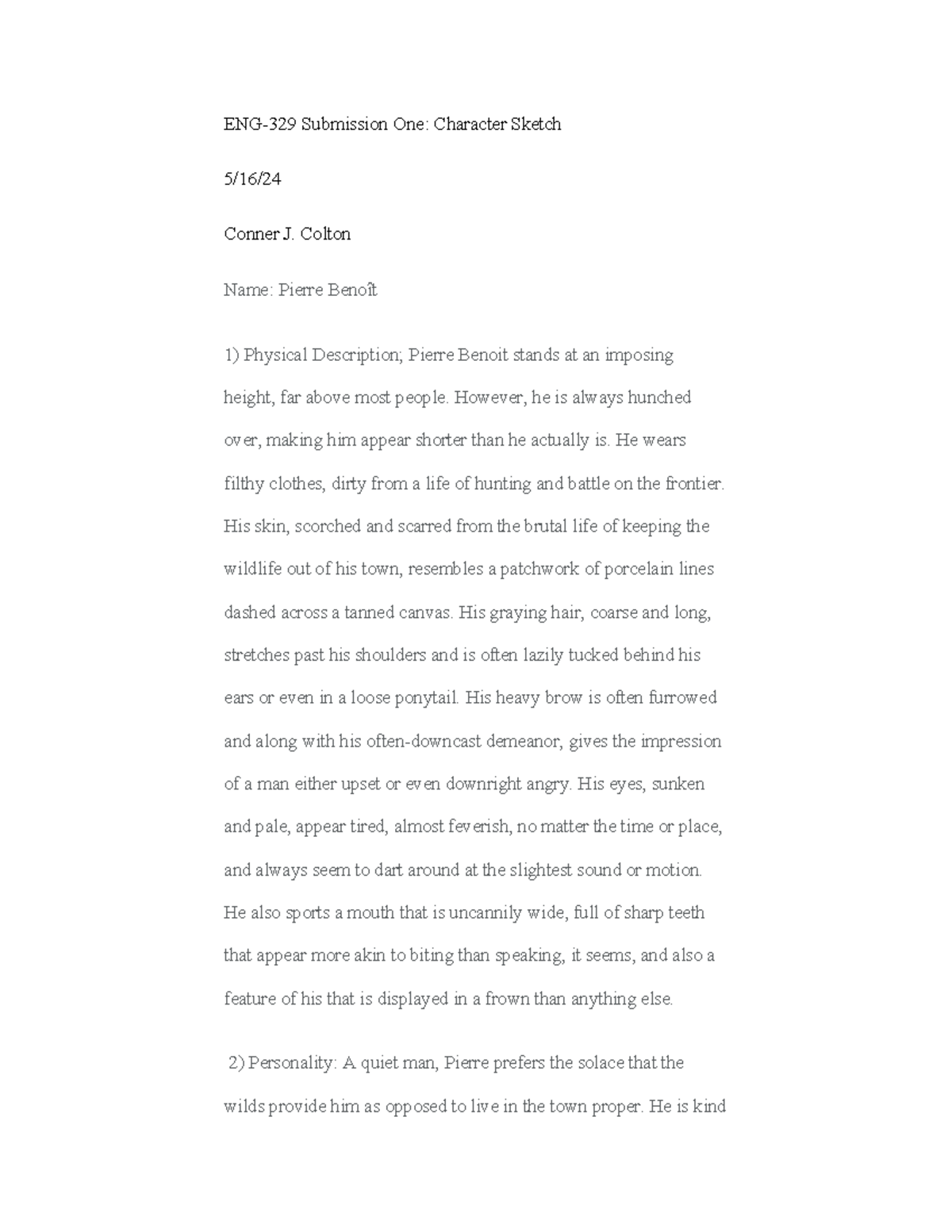 ENG-329 Character Sketch Assignment: Pierre Benoît Analysis - Studocu