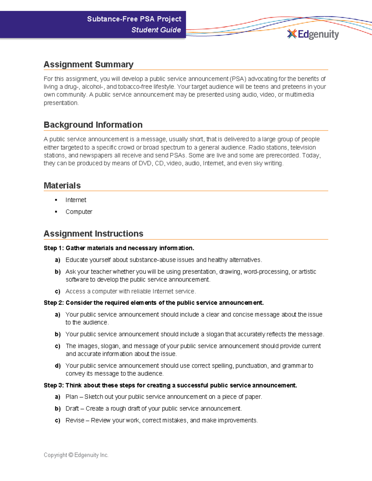 Substance-Free PSA Project Student Guide for Teens and Preteens - Studocu