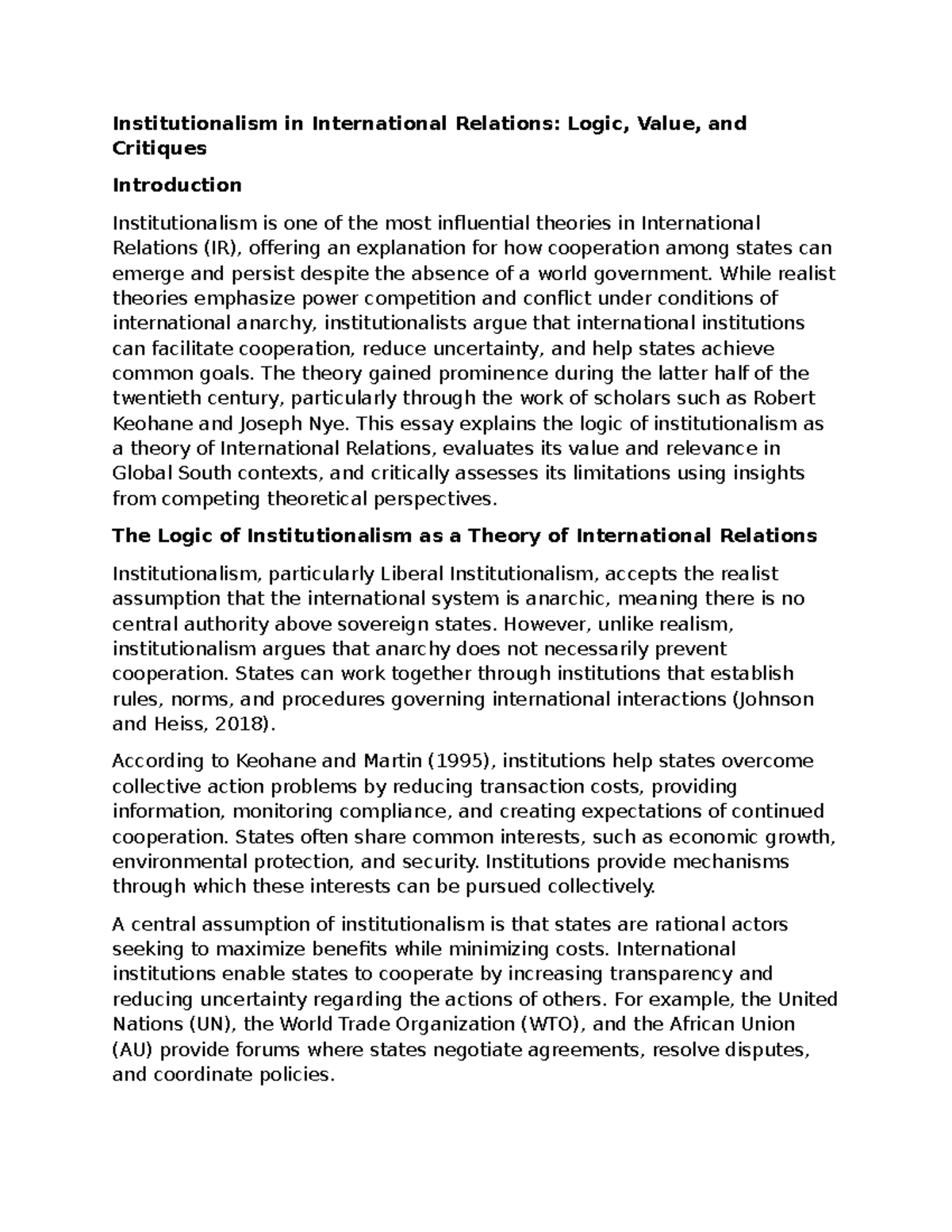 IR 101: Institutionalism in International Relations - Logic, Value ...