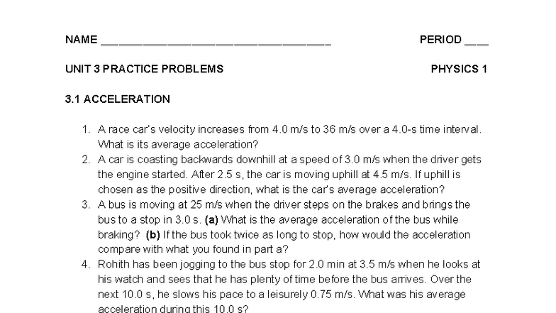 Unit 3 Practice Problems: Physics 1 - Acceleration & Free Fall - Studocu