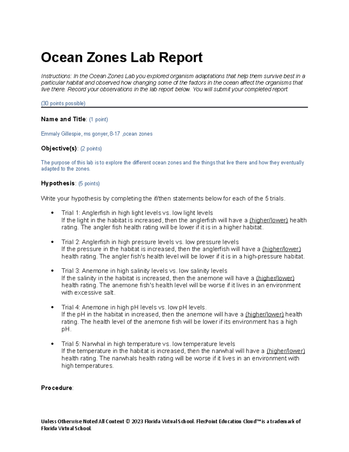 Ocean Zones Lab Report: Exploring Organism Adaptations and Trials - Studocu