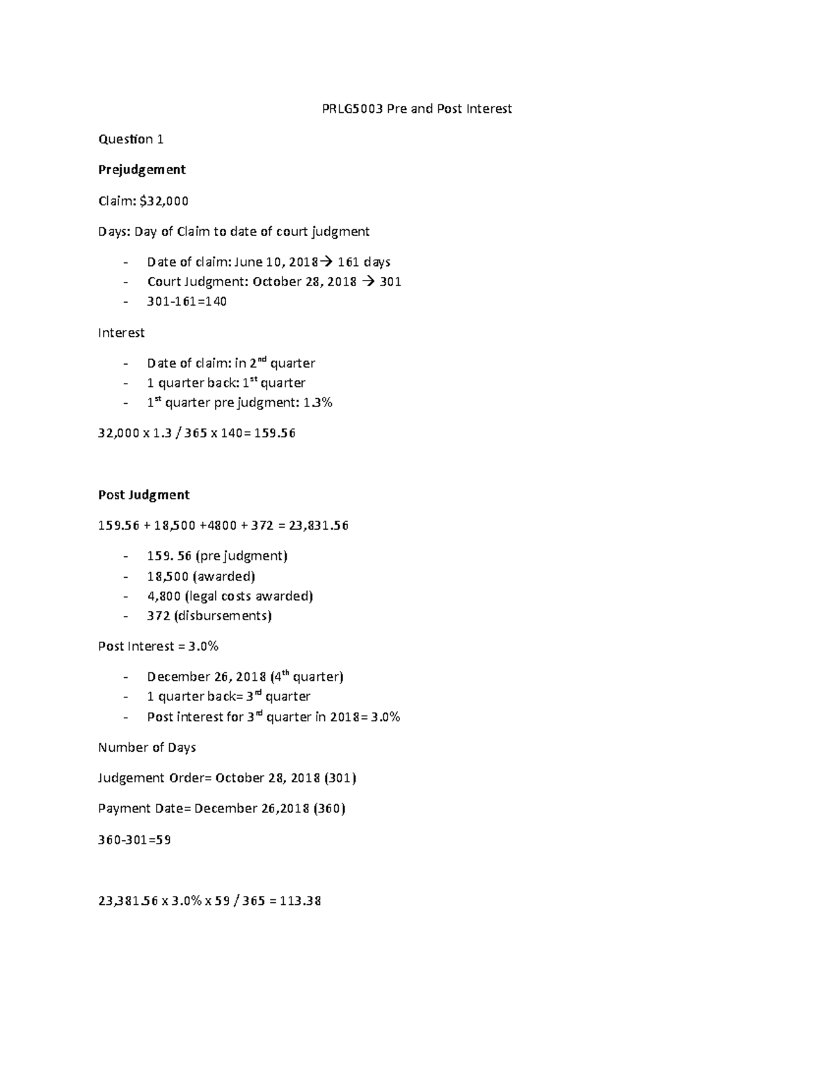 PRLG5003 Pre and Post-Interest Calculations for Court Judgments - Studocu