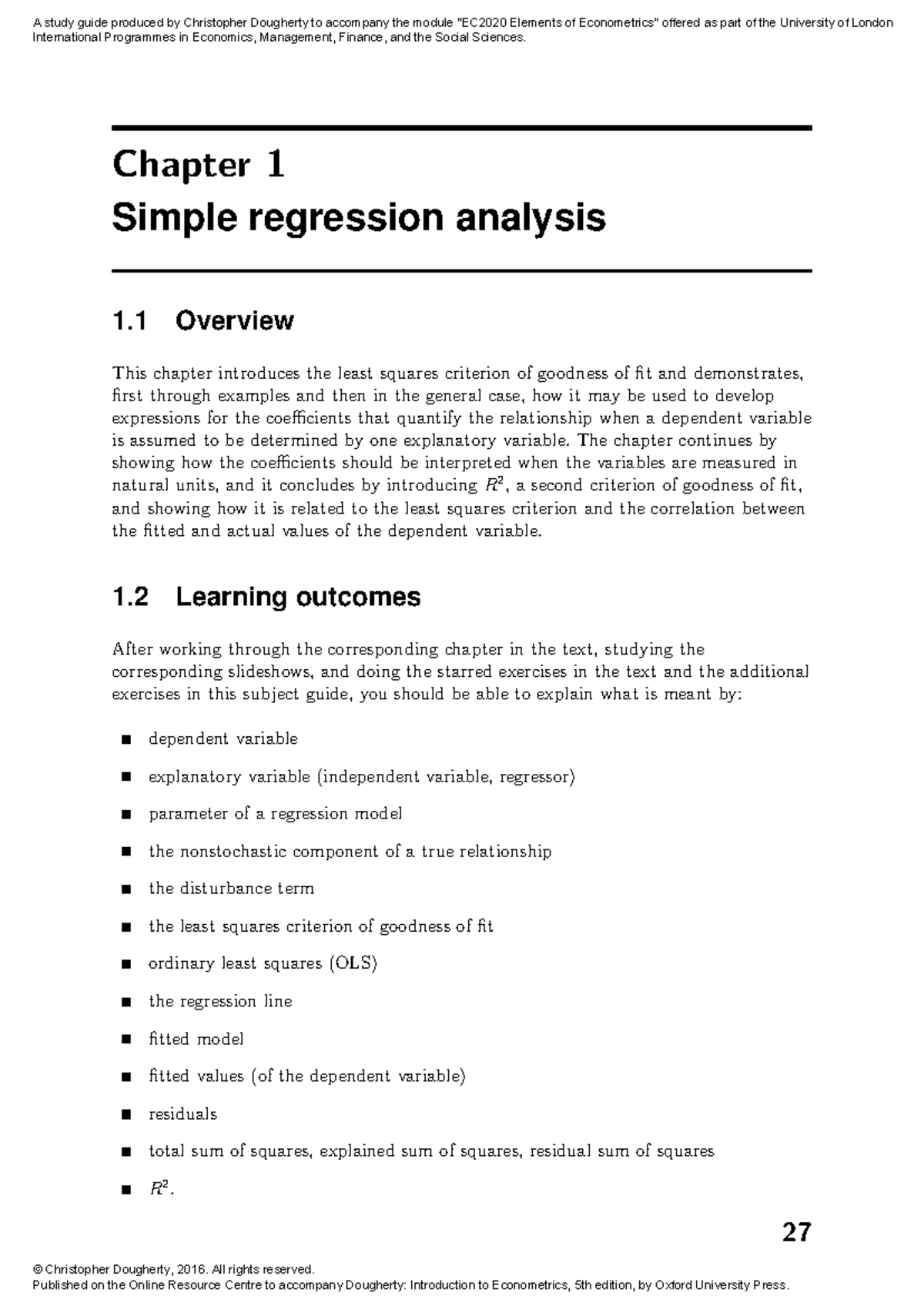 Dougherty 5e Study Guide: Chapter 1 - Simple Regression Analysis - Studocu