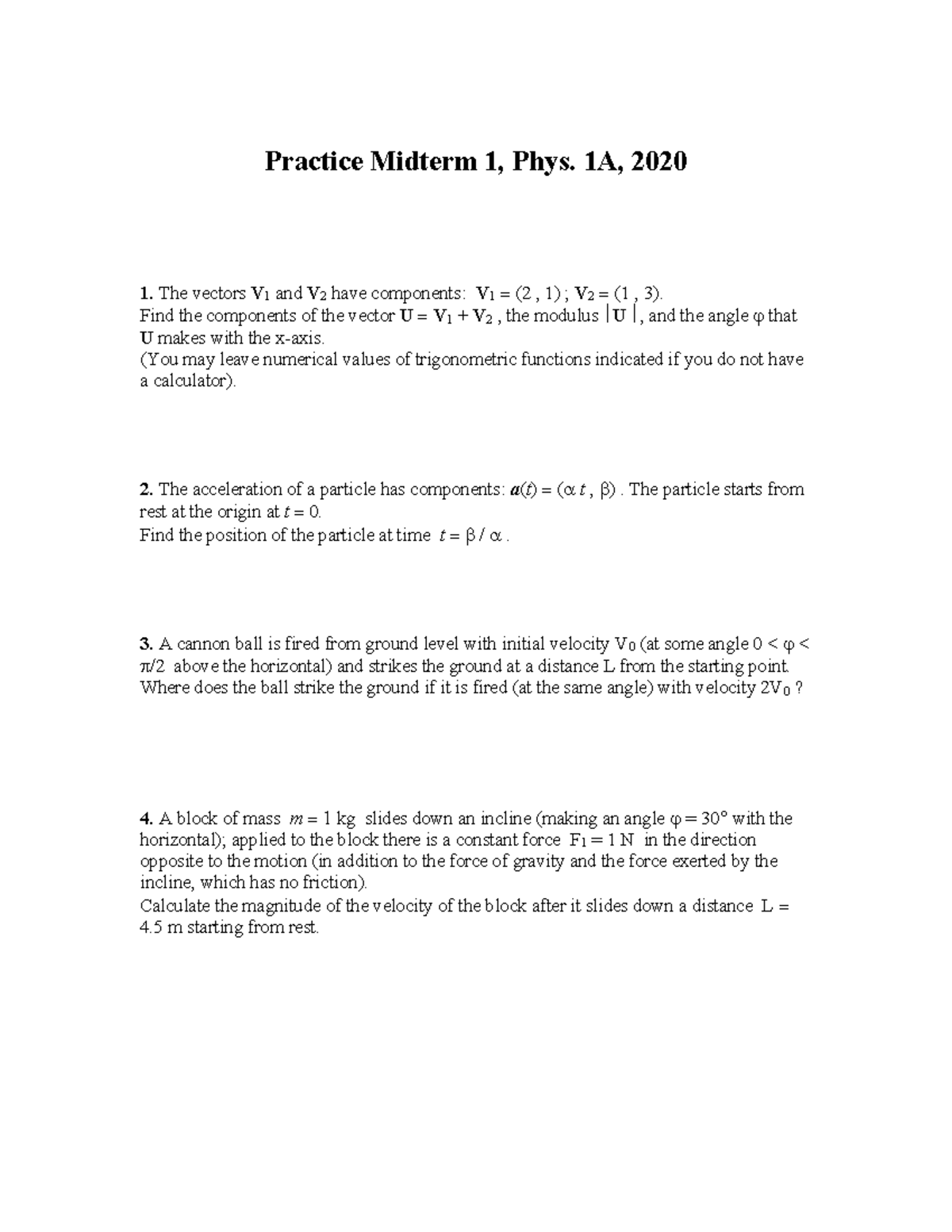 Physics 1A Practice Midterm 1 Review, 2020 - Studocu