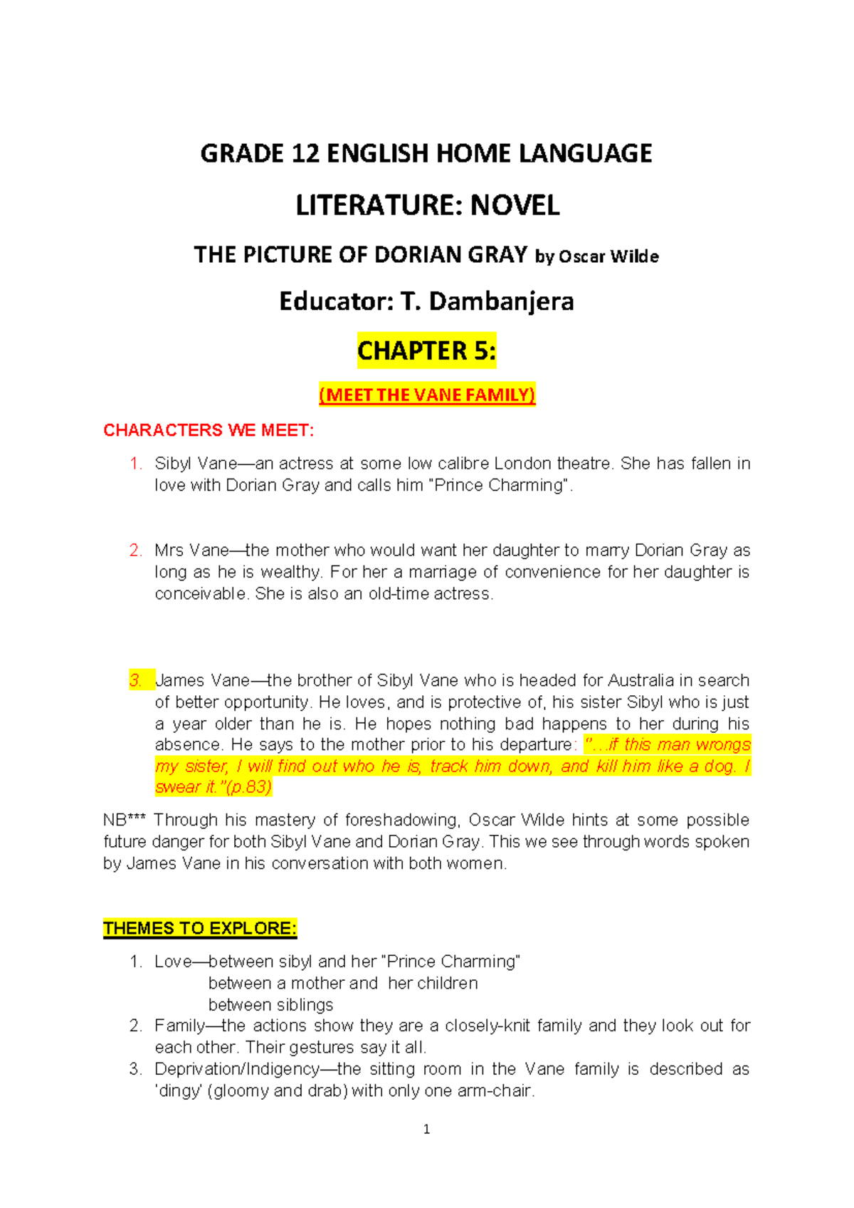 GRADE 12 ENGLISH HOME LANGUAGE LITERATURE: THE PICTURE OF DORIAN GRAY ...