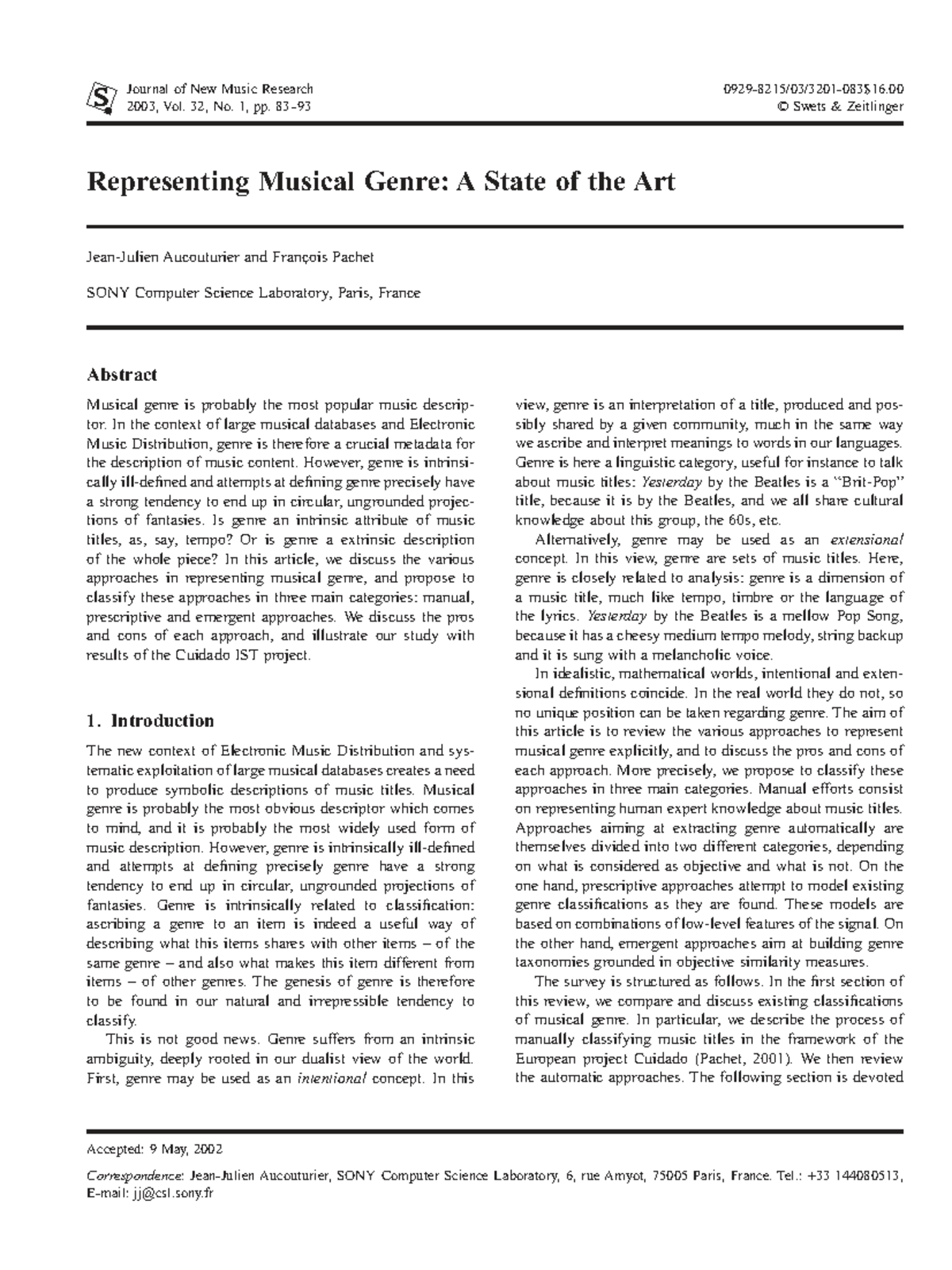 Representing Musical Genre: A Comprehensive Review (2003) - Studocu
