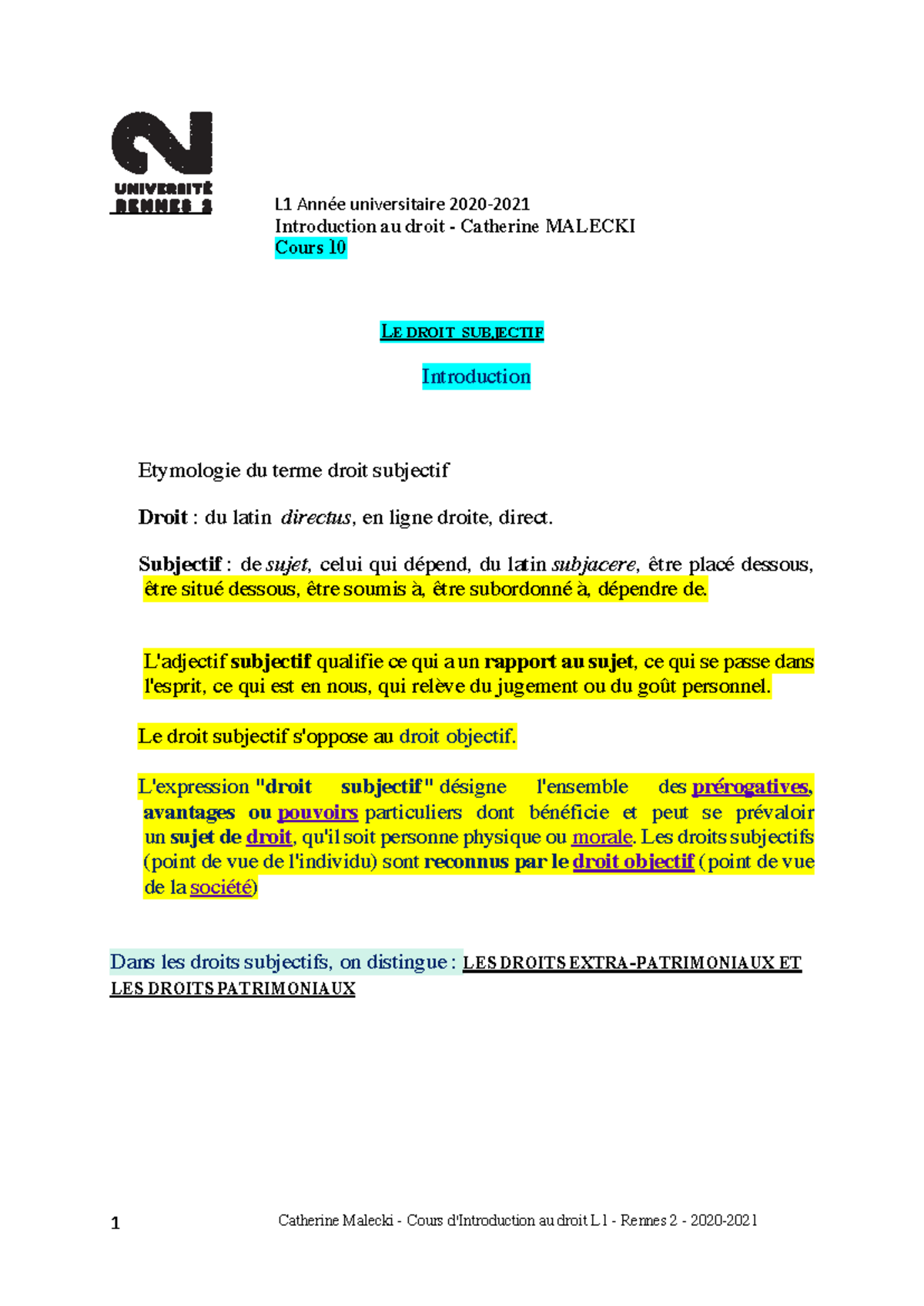 Intro au droit. Cours 10.Droits subjectifs - Catherine Malecki - Cours d'Introduction au droit ...