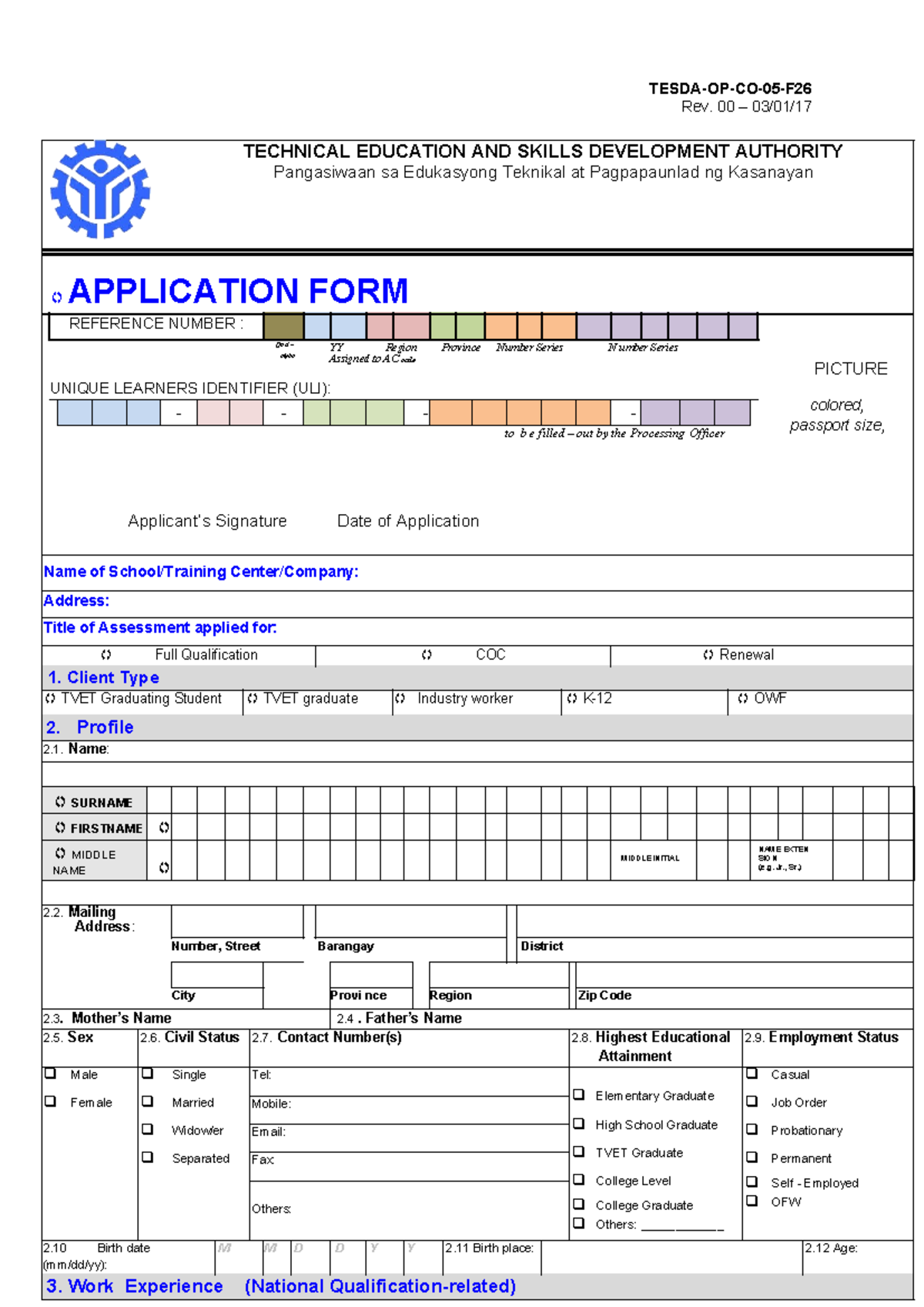CCA - TESDA Application Form for Skills Development - Rev. 00 - Studocu