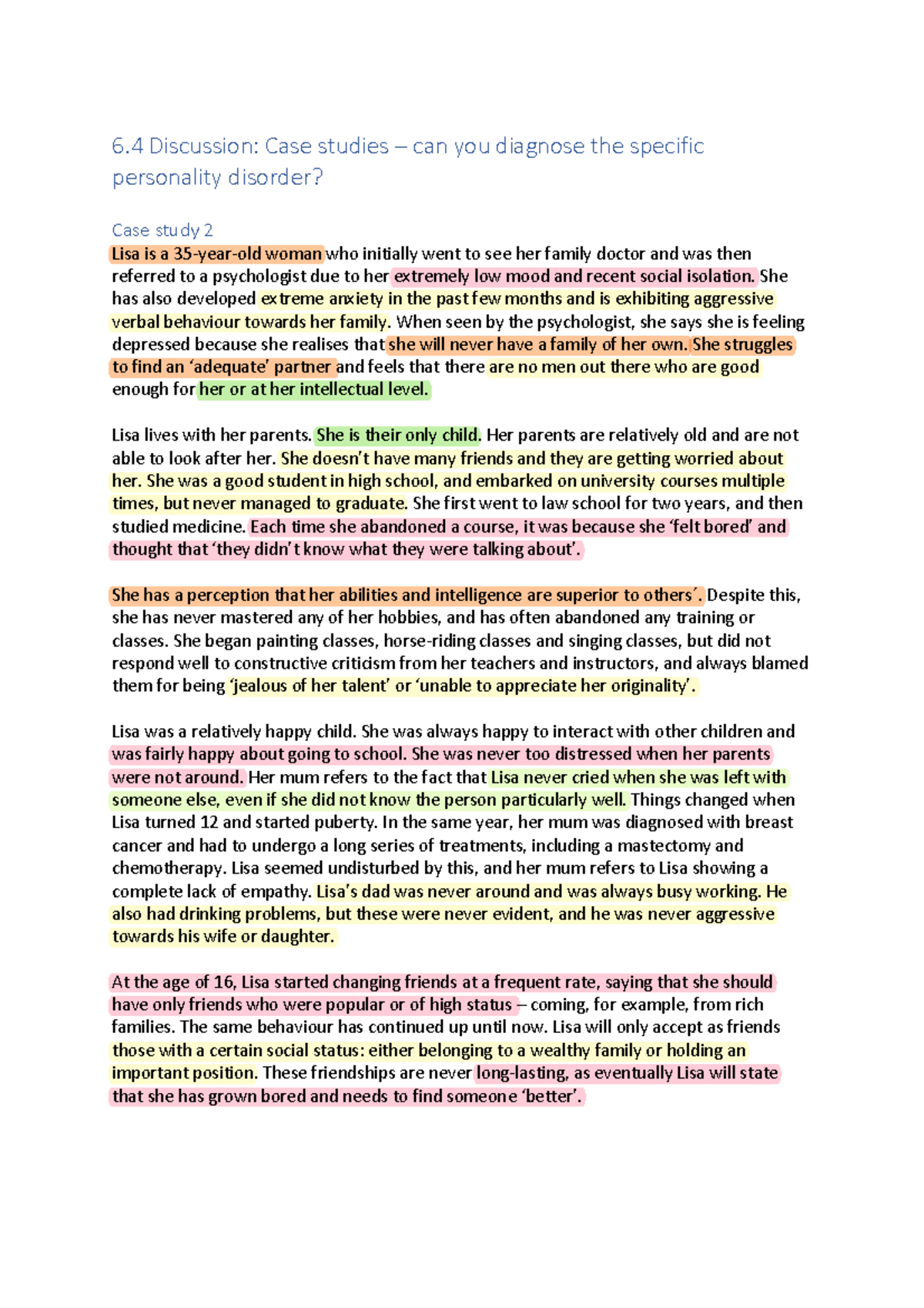 6.4 Discussion: Diagnosing Personality Disorder in Case Study 2 - Studocu