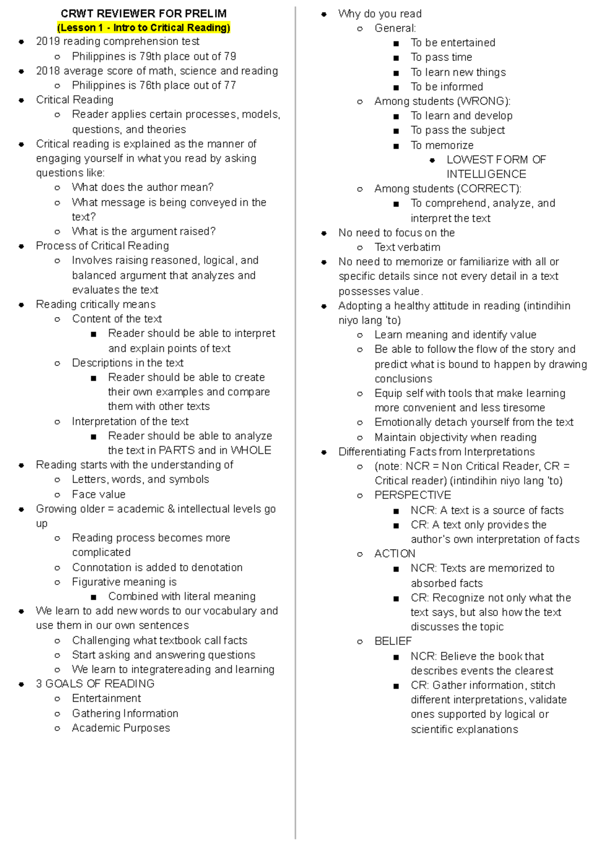 CRWT 101: Lesson 1-4 Critical Reading & Listening Strategies Review ...