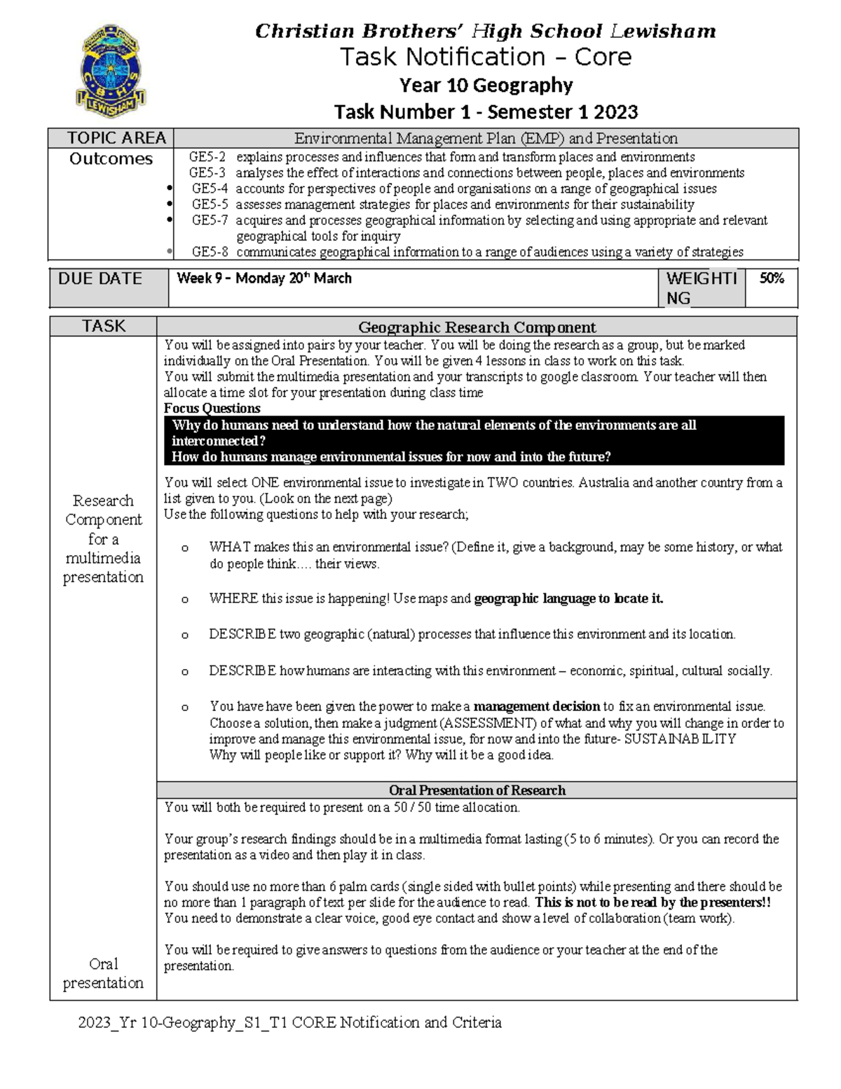 2023 Yr 10 Geography S1 Task 1: Environmental Management Plan ...