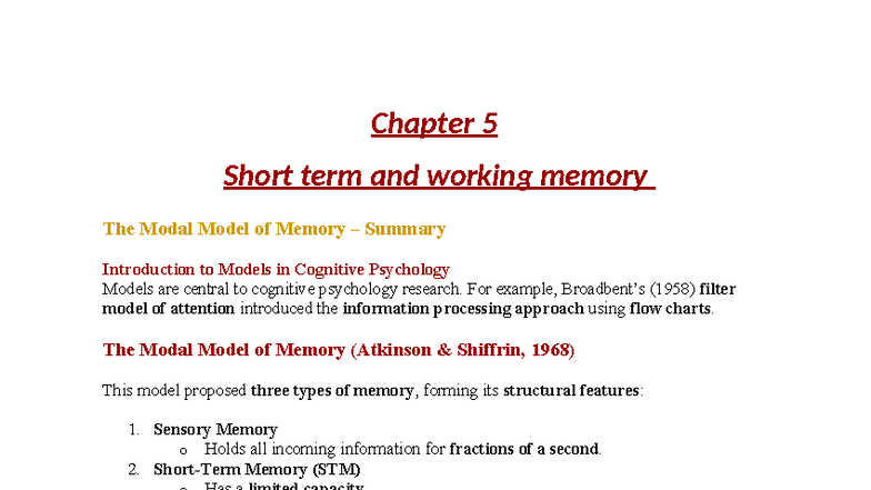 Chapter 5 - Summary of Short-Term and Working Memory Models - Studocu