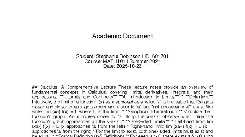MATH101 Summer 2024: Comprehensive Calculus Lecture Notes - Studocu