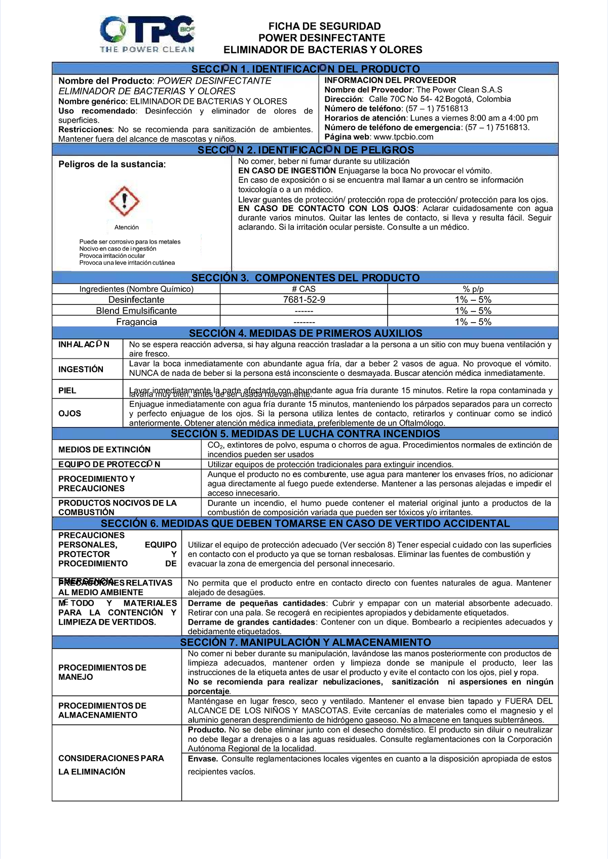 FICHA DE SEGURIDAD: POWER DESINFECTANTE ELIMINADOR DE BACTERIAS - Studocu