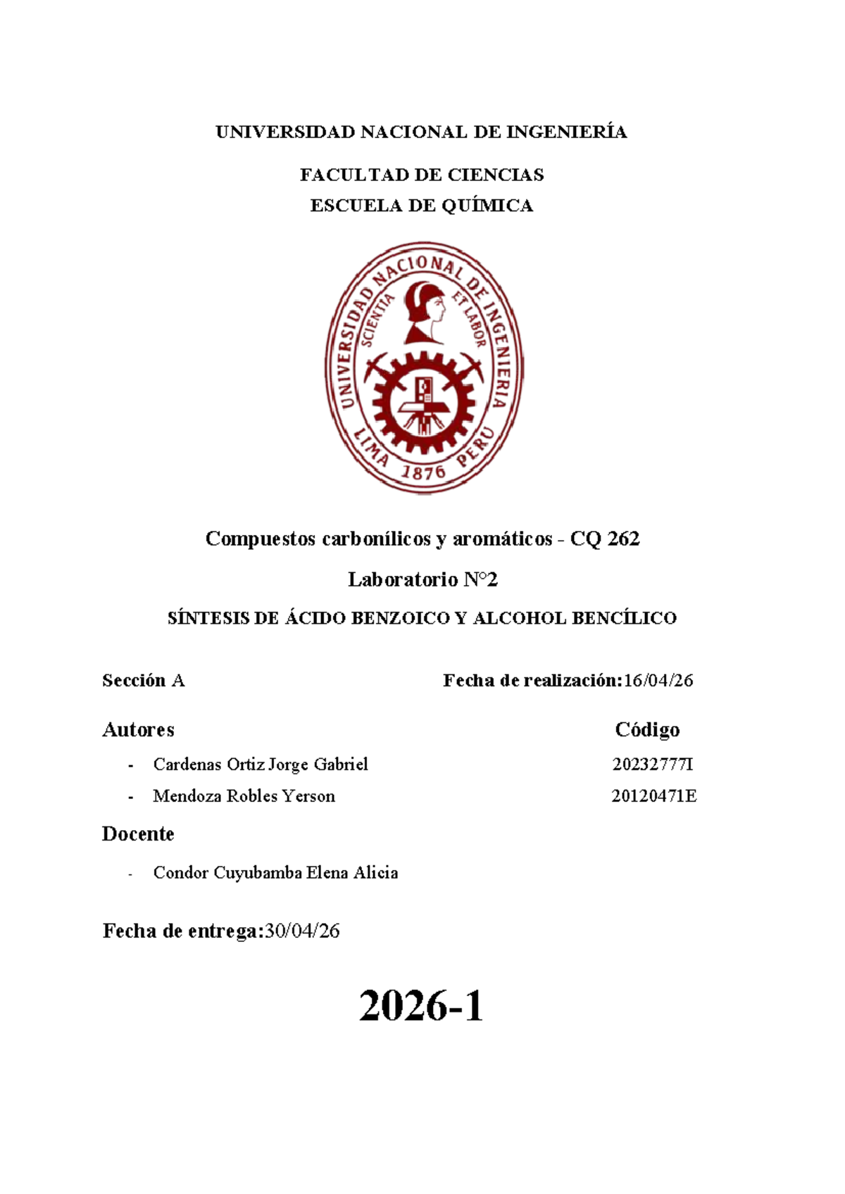 Informe de Laboratorio: Síntesis de Ácido Benzoico y Alcohol Bencílico ...