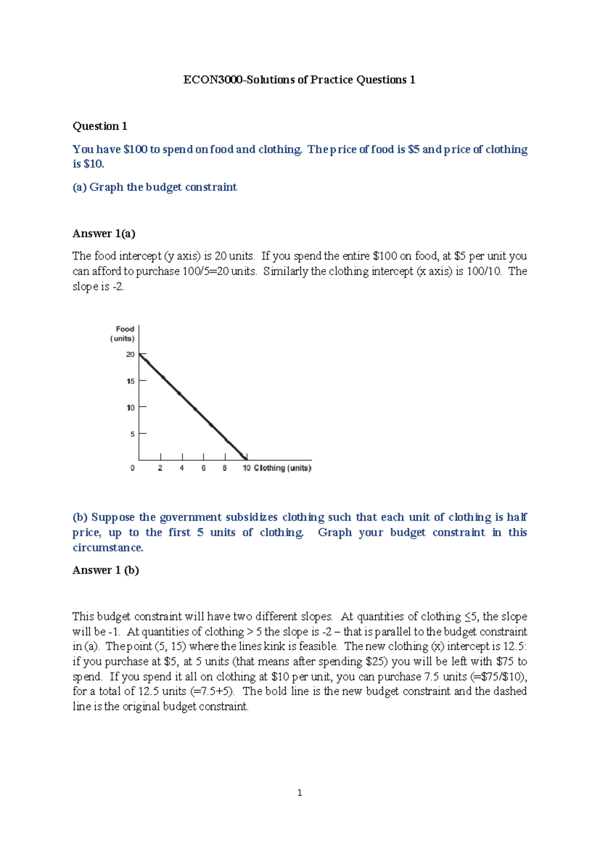 Week 1 - Practice Questions 1: Budget Constraints & Economic Efficiency ...