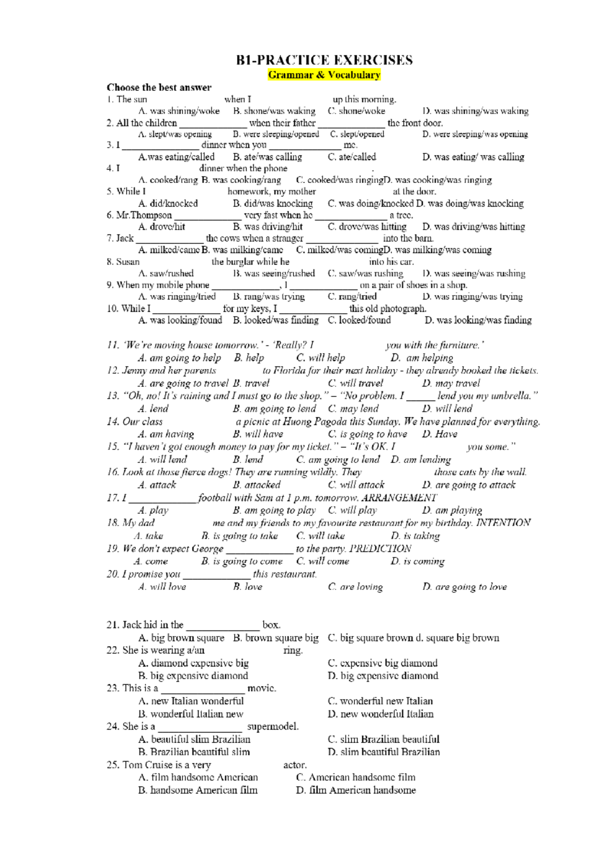 B1-Grammar & Vocabulary Practice Exercises for Students - Studocu